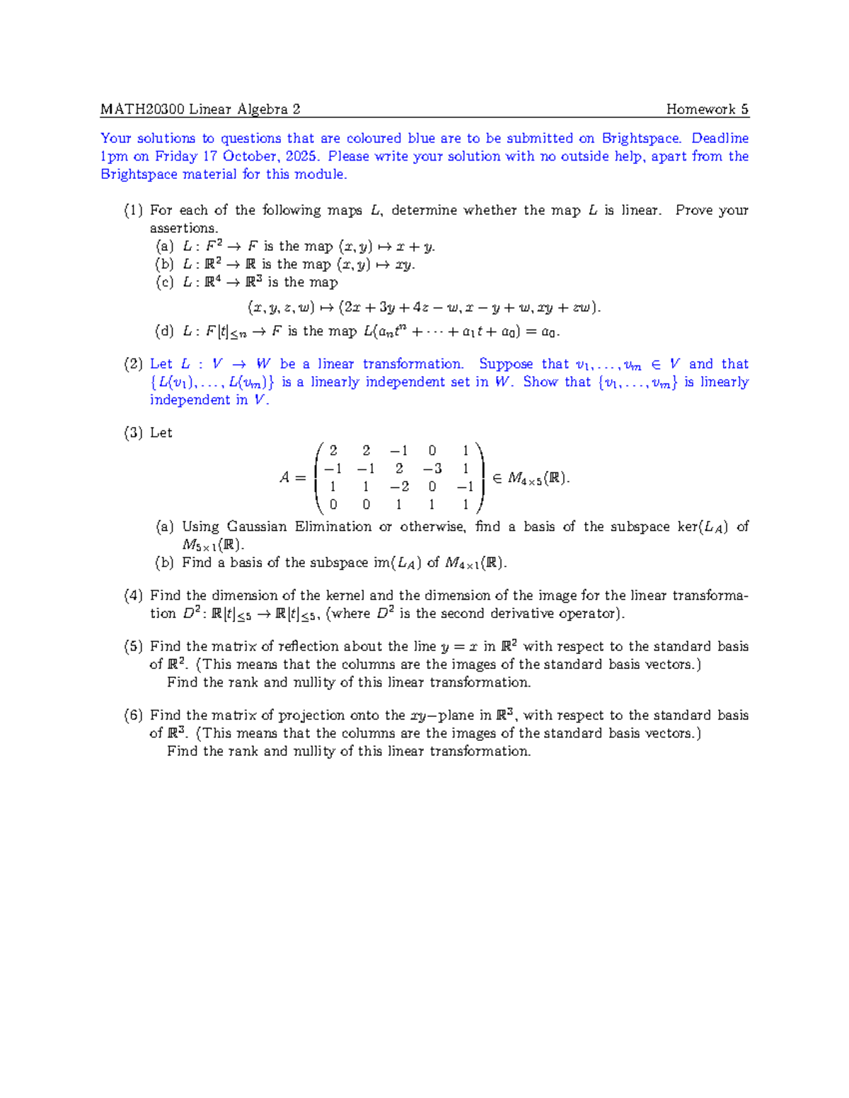MATH20300 Linear Algebra 2 Homework 5 Solutions and Guidelines - Studocu