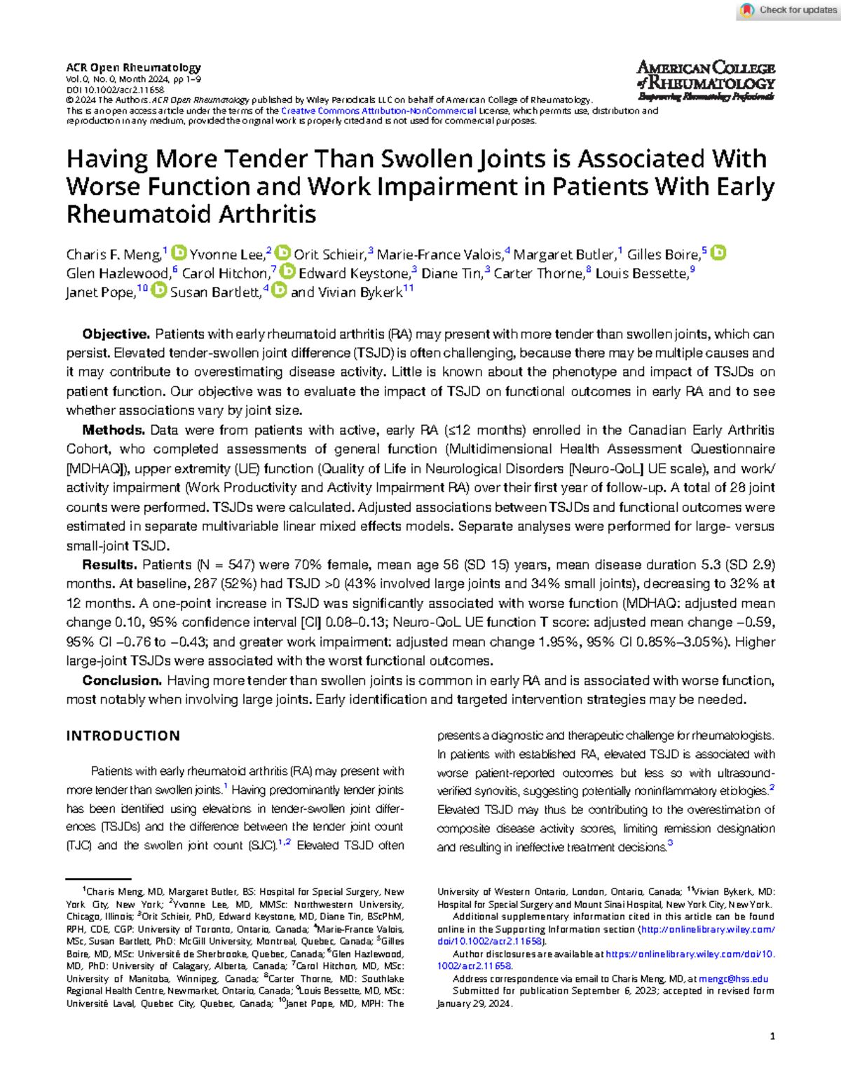 ACR Open Rheumatology - 2024 - Meng - Having More Tender Than Swollen ...