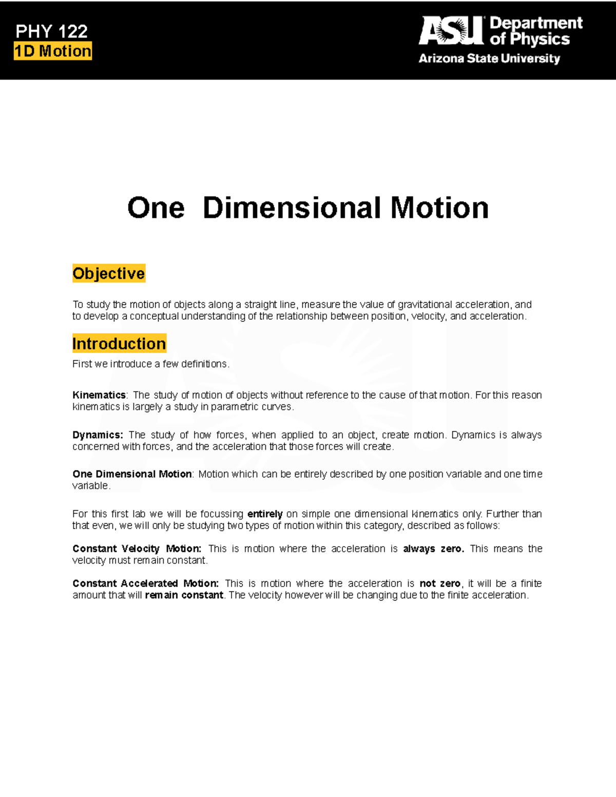 PHY 122 Lab: Understanding 1D Motion and Gravitational Acceleration ...