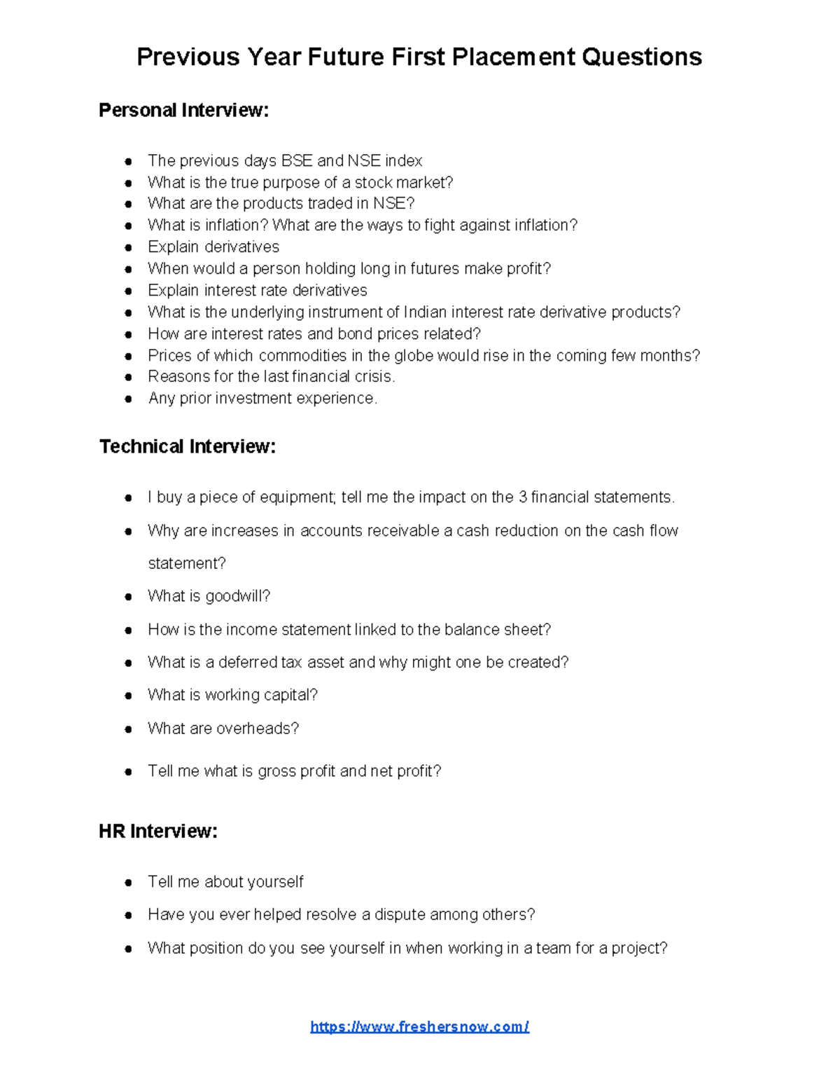 Future First Placement Previous Year Interview Questions - Studocu