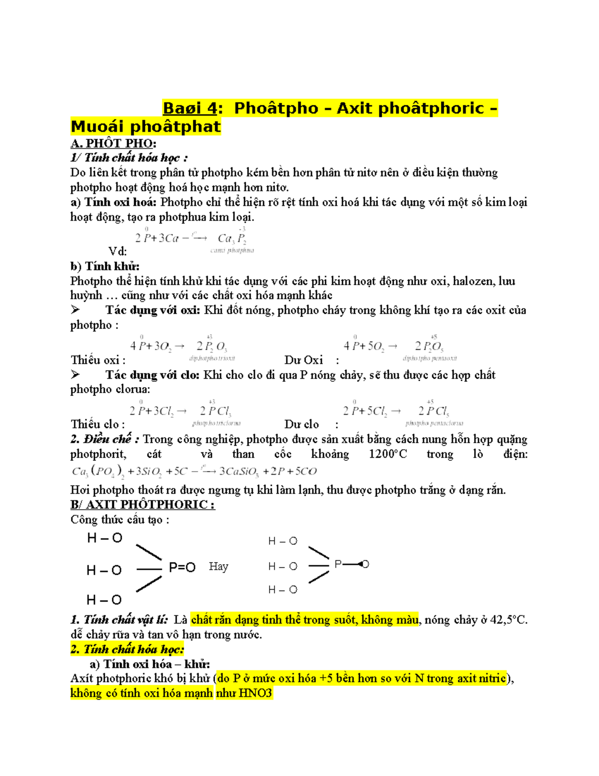 BÀI TẬP HÓA HỌC VỀ AXIT PHOTPHORIC (H3PO4) VÀ MUỐI PHÔTPHAT - Studocu