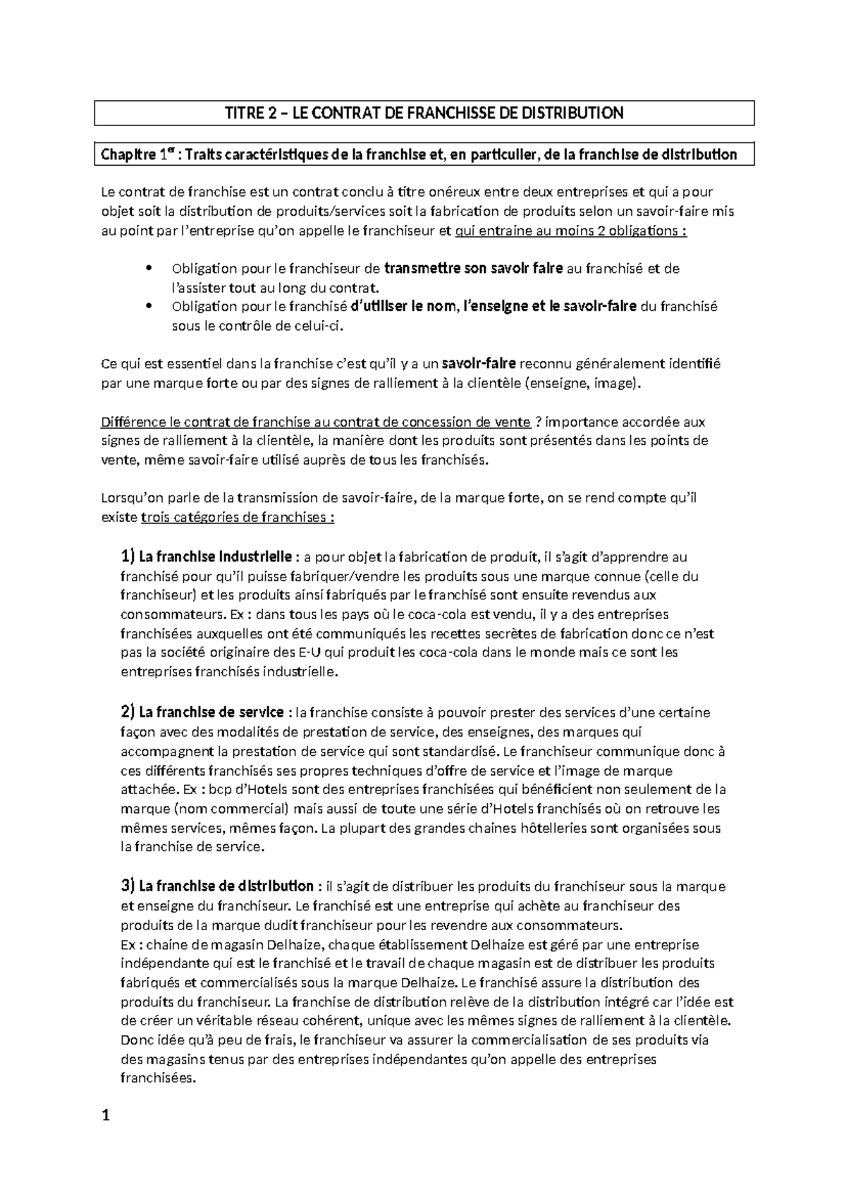 TITRE 2 : LE CONTRAT DE FRANCHISE DE DISTRIBUTION - Chapitre 1 : - Studocu