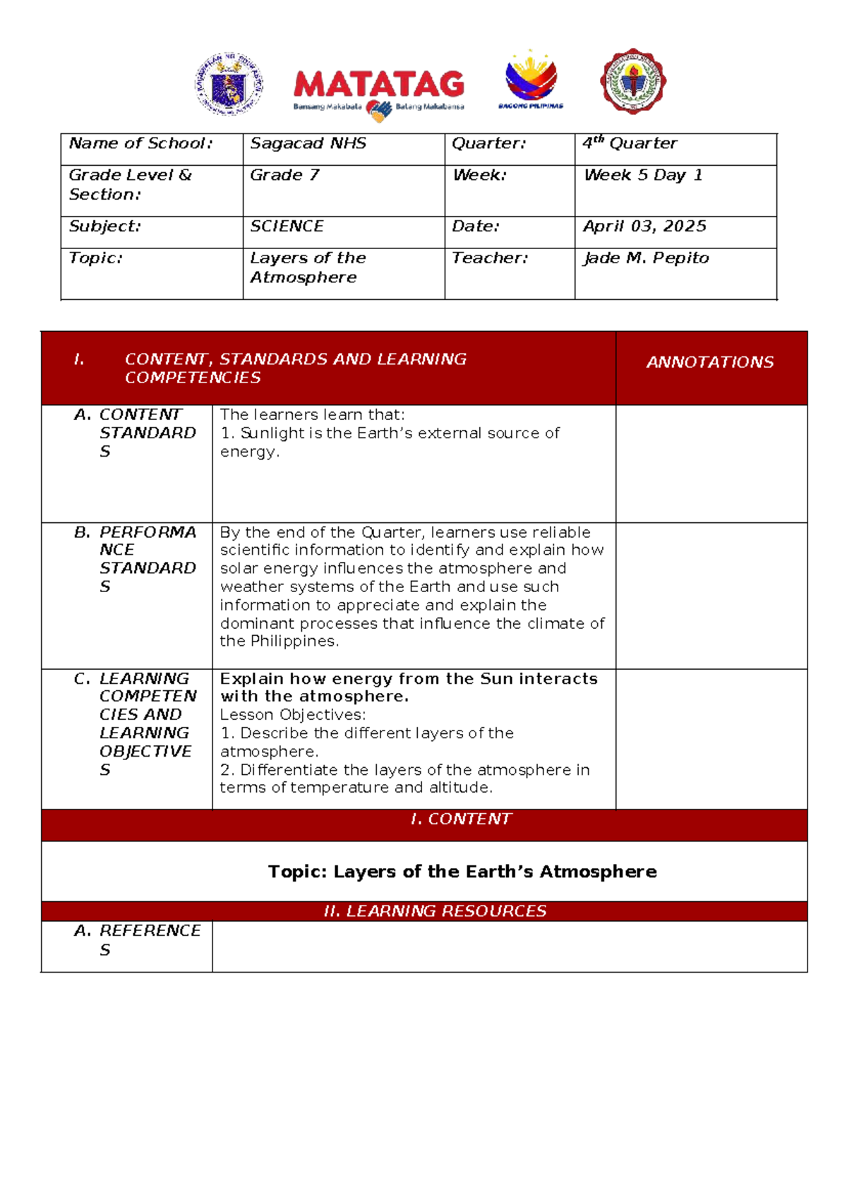 Science G7 Q4 W5 D1 - Detailed Lesson Plan on Atmosphere Layers - Studocu