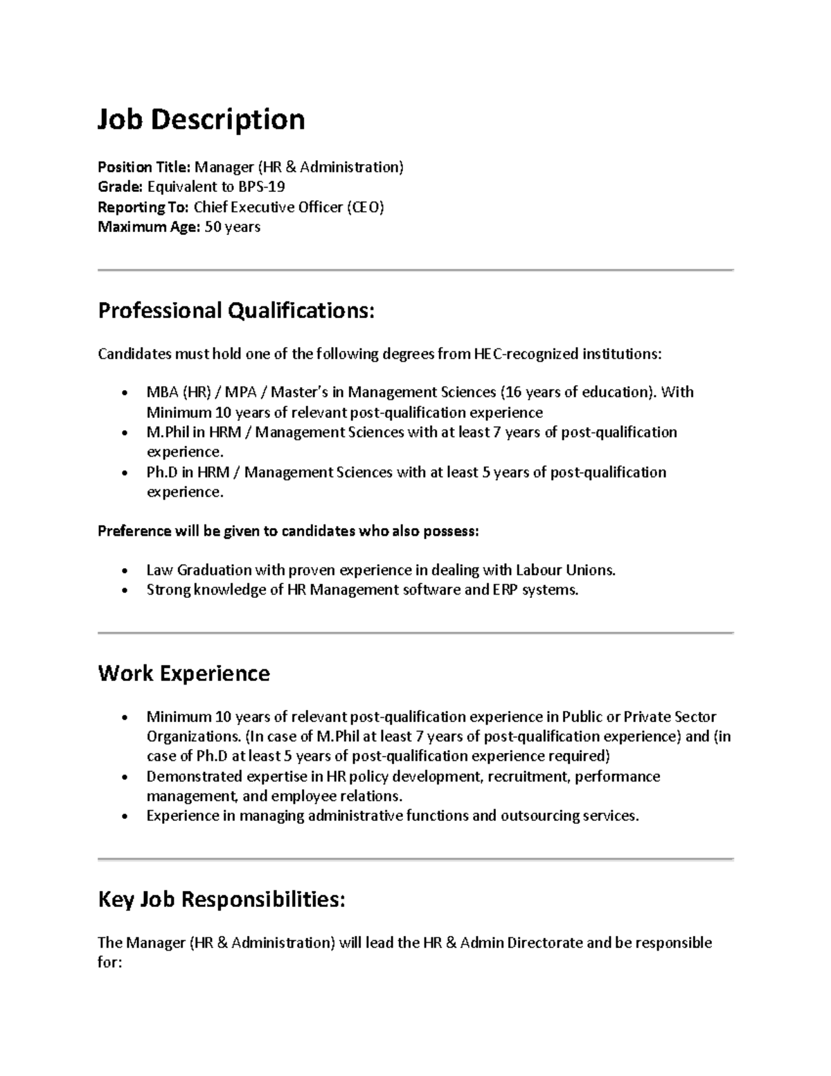 Job Description: Manager (HR Administration) - CEO Reporting - Studocu