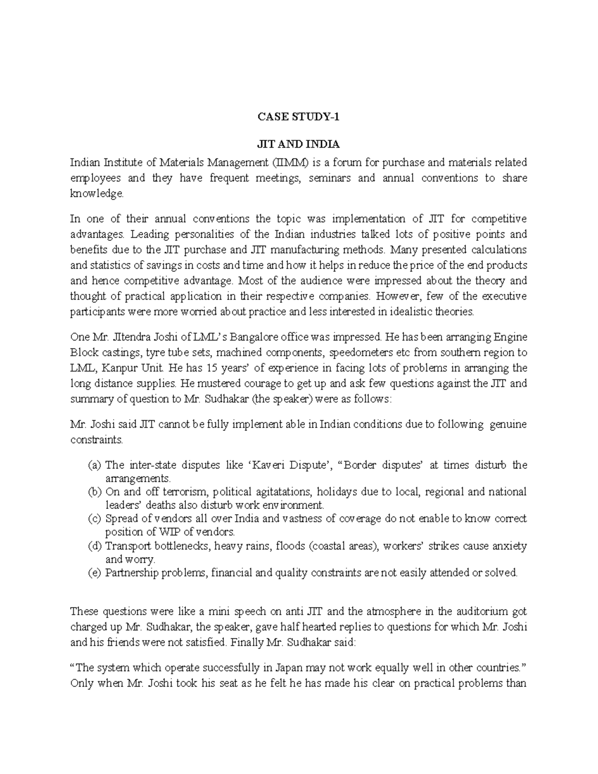 34155160 Case Study: Challenges of JIT Implementation in India - Studocu