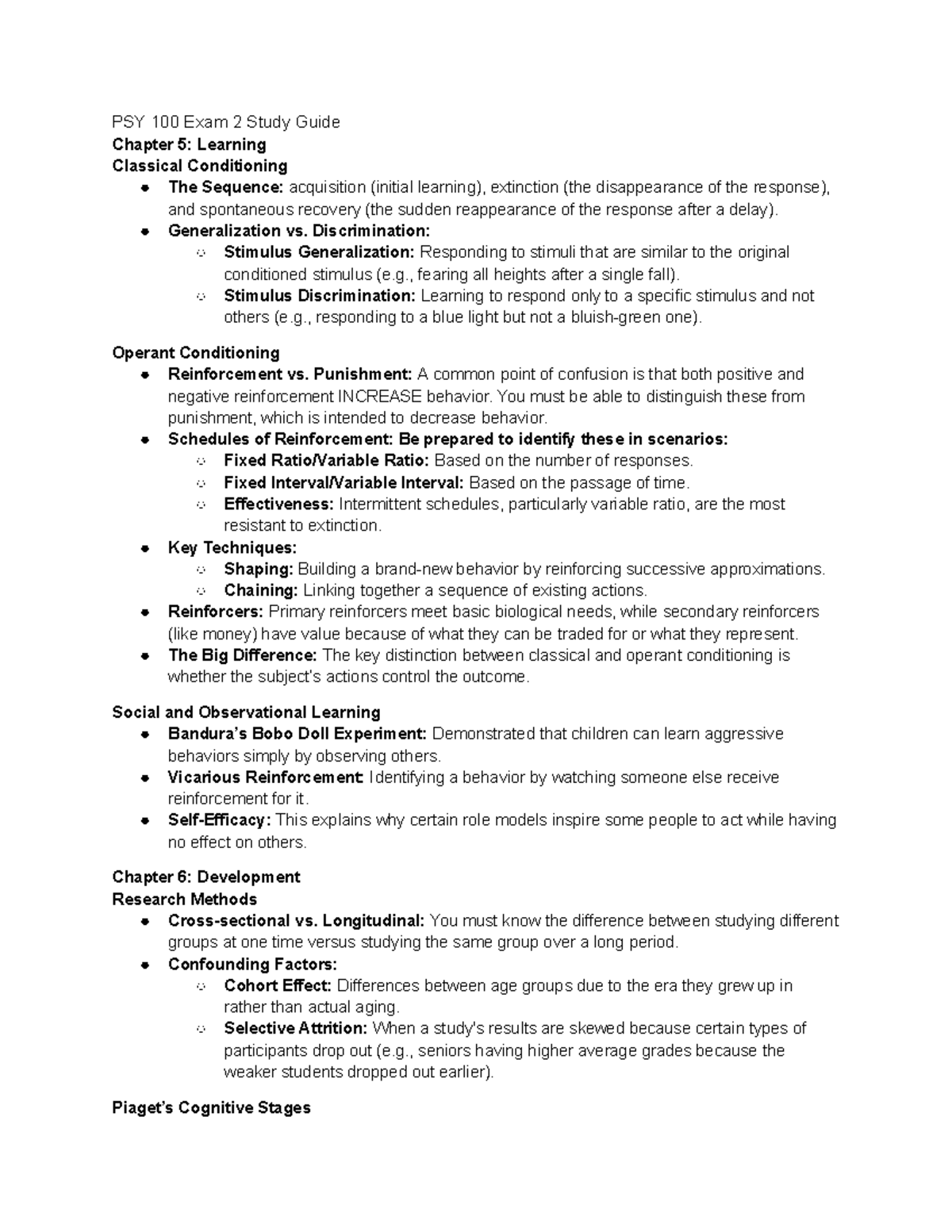 PSY 100 Exam 2 Study Guide: Learning and Development - Studocu