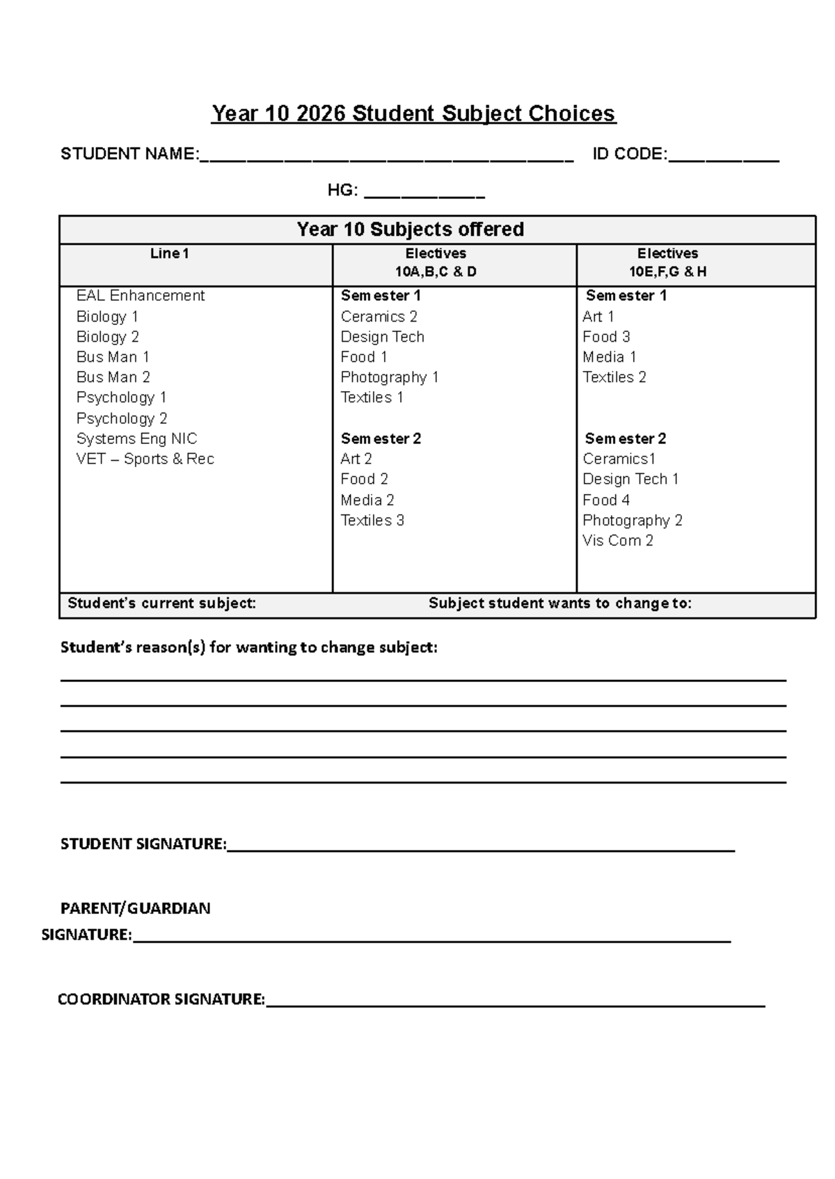 2026 Year 10 Student Subject Choices & Electives Overview - Studocu