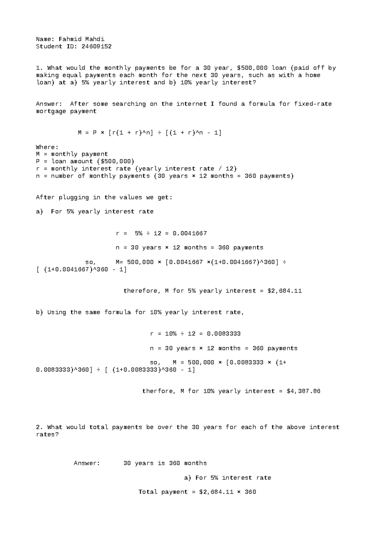 Assignment on Interest Rates: Mortgage & Investment Calculations - Studocu