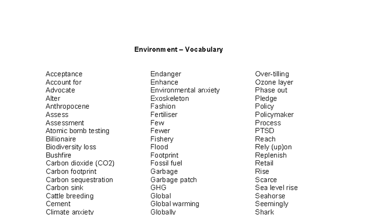 ENV 101: Comprehensive Environment Vocabulary List - Studocu