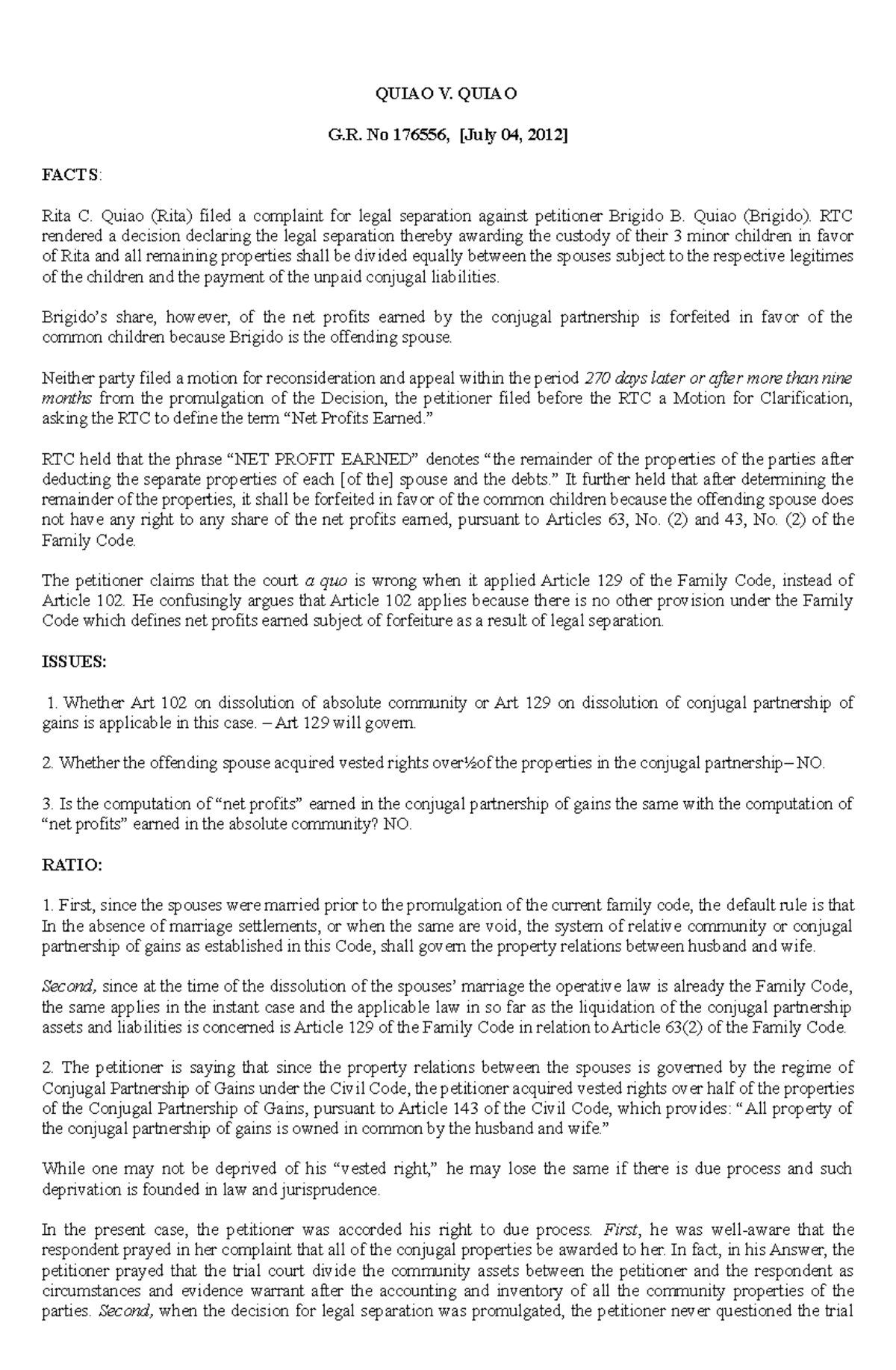 Case Digest: Quiao vs Quiao (G.R. No. 176556, July 4, 2012) - Studocu