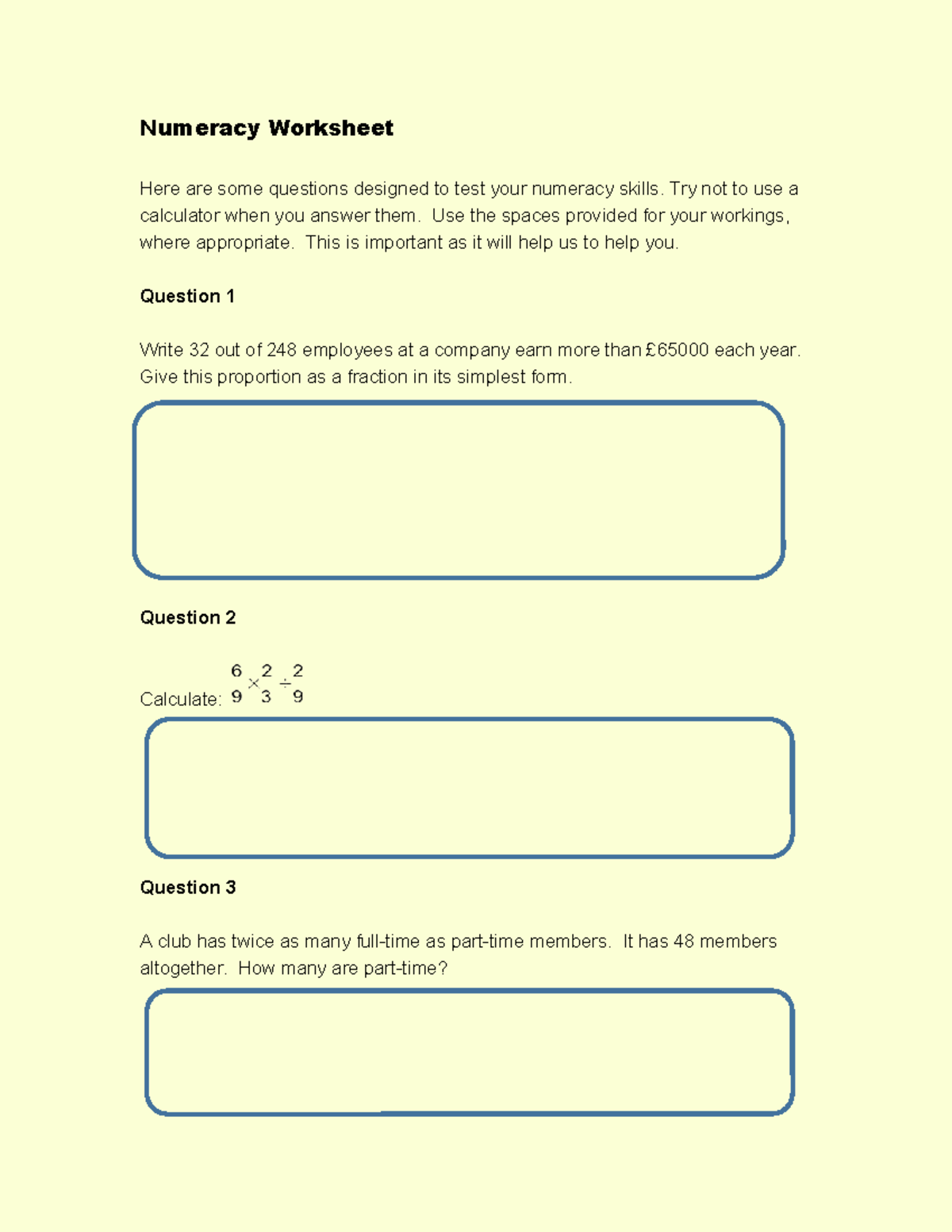 Numeracy Worksheet: Skills Assessment & Practice Questions - Studocu