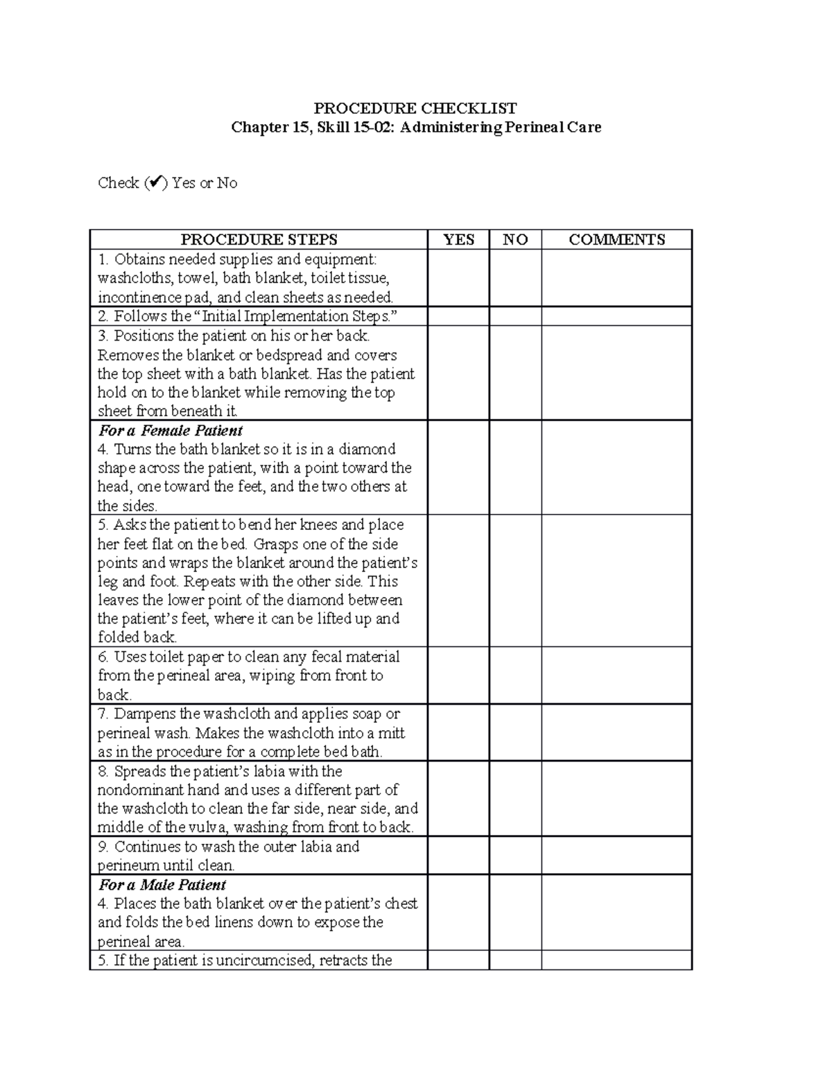 Skill 15-02: Administering Perineal Care Procedure Checklist - Studocu