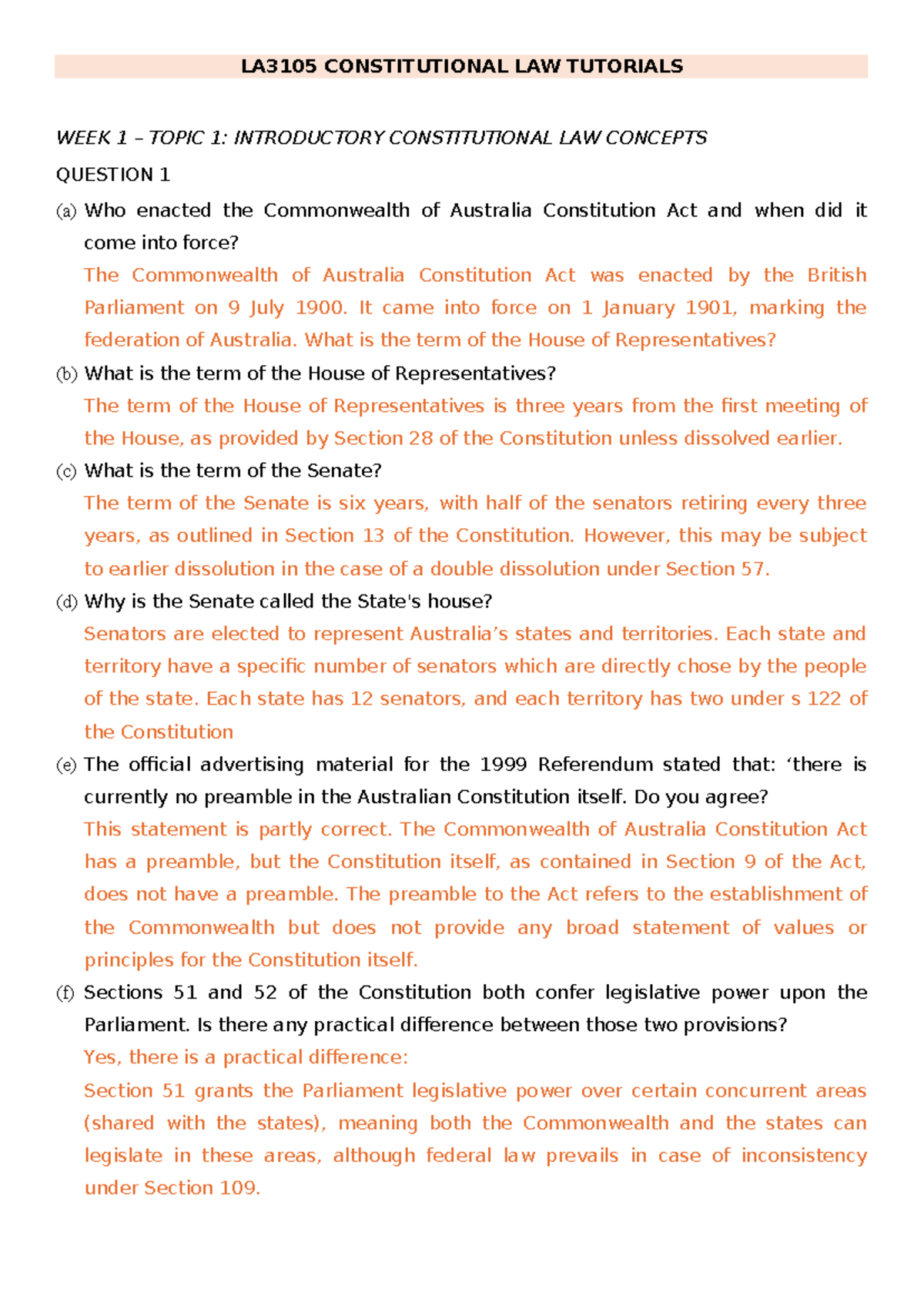 LA3105 Tutorials - Tutorial questions and answers - LA3105 ...