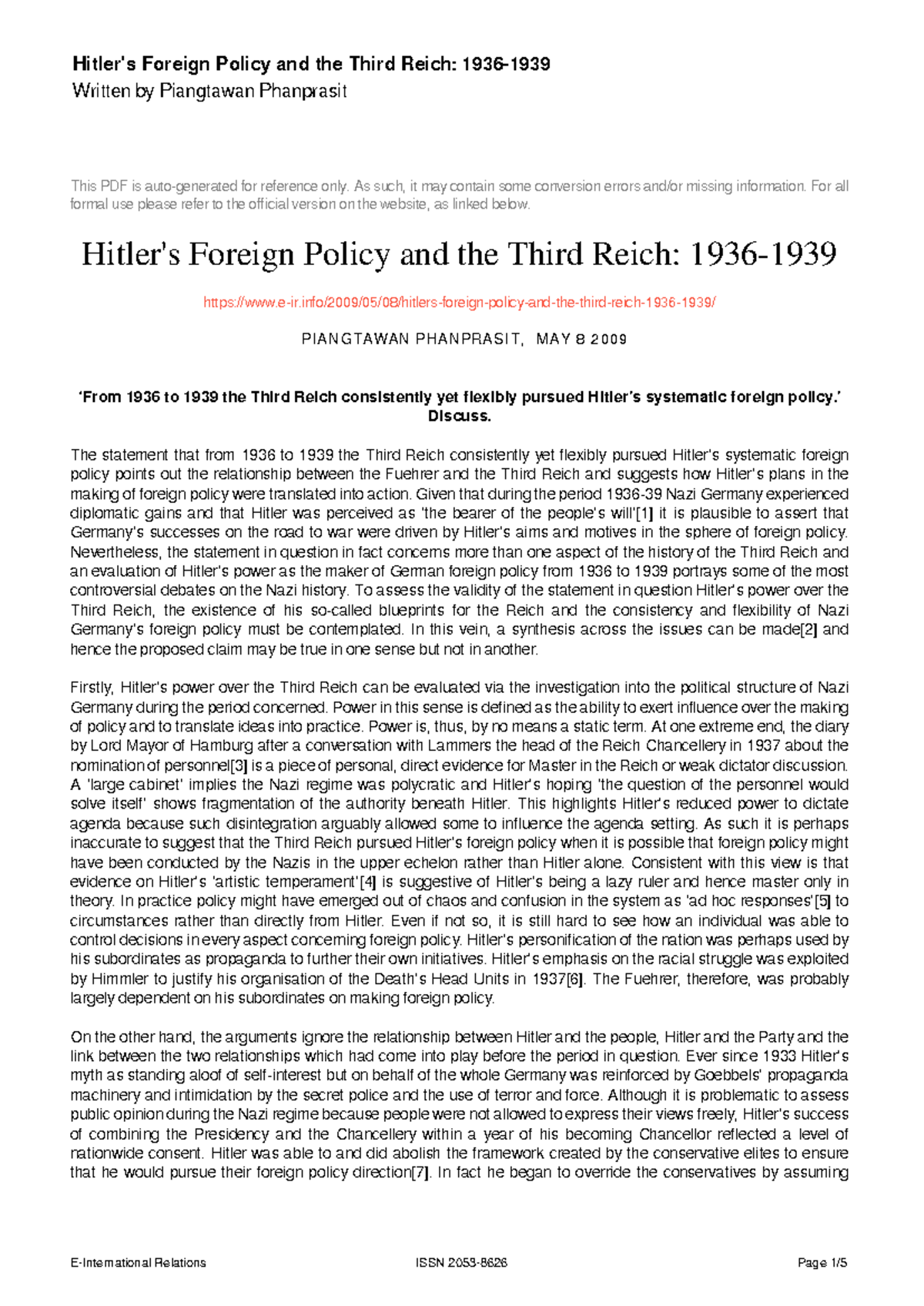 Hitlers Foreign Policy and the Third Reich 1936 1939 - Written by ...