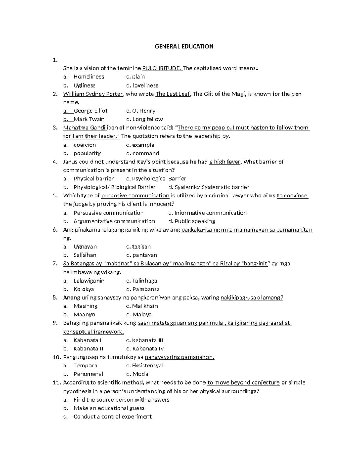 General Education Quiz - Comprehensive Question Set - Studocu