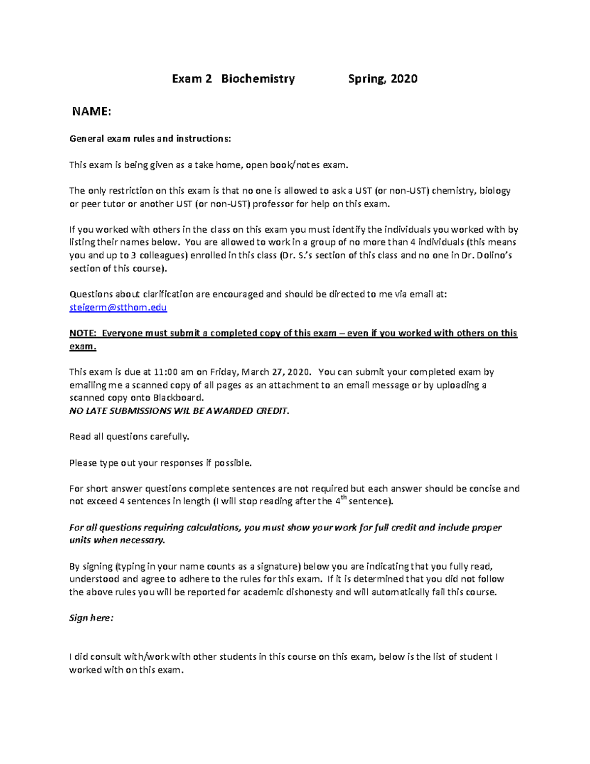 Biochemistry Exam 2 Practice Test (Spring 2020) - UST - Studocu