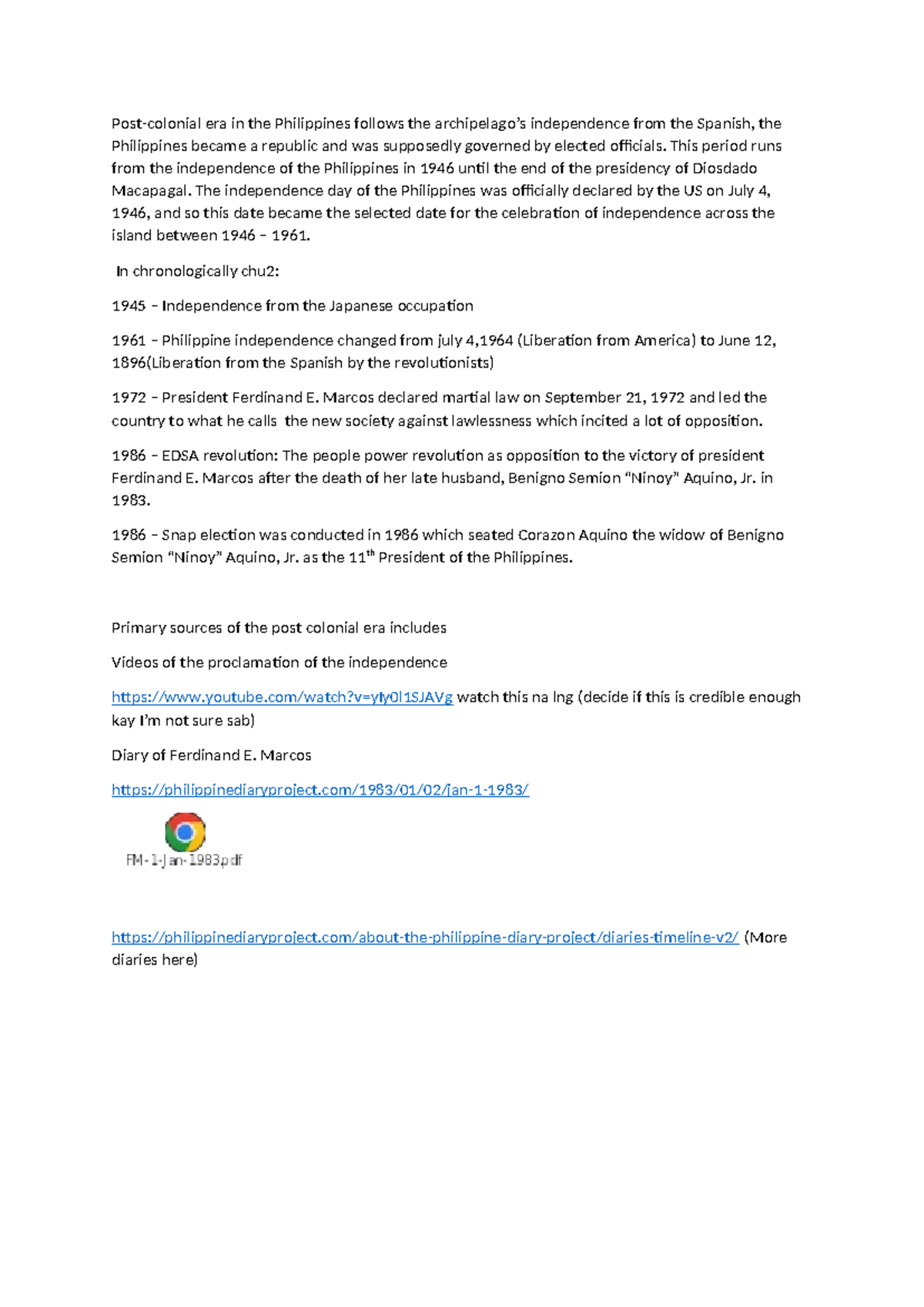 Post-Colonial Era in the Philippines: Key Events (1946-1986) - Studocu