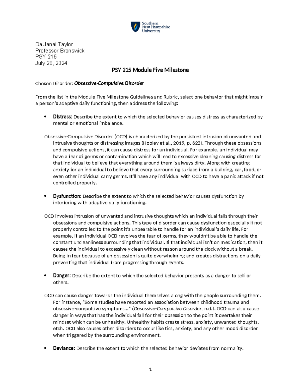 PSY 215 Module 5 Milestone: Exploring Obsessive-Compulsive Disorder ...
