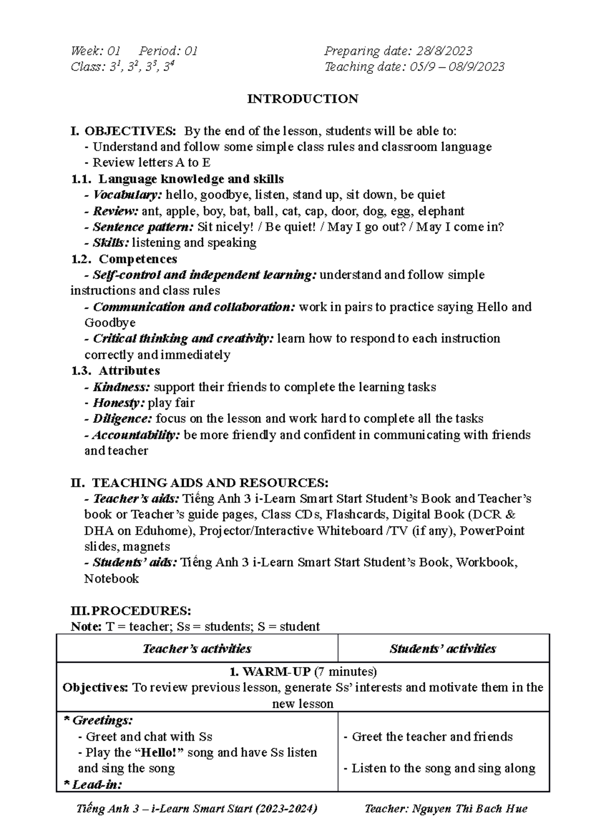 Week 01 - Introductory Lesson Plan for Smart Start 3 (2023-2024) - Studocu