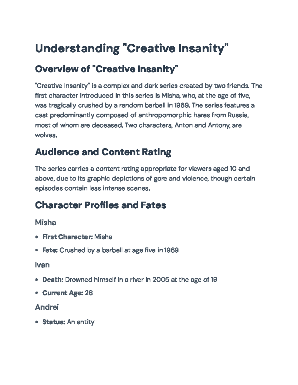 Creative Insanity: Character Profiles and Themes Overview ...