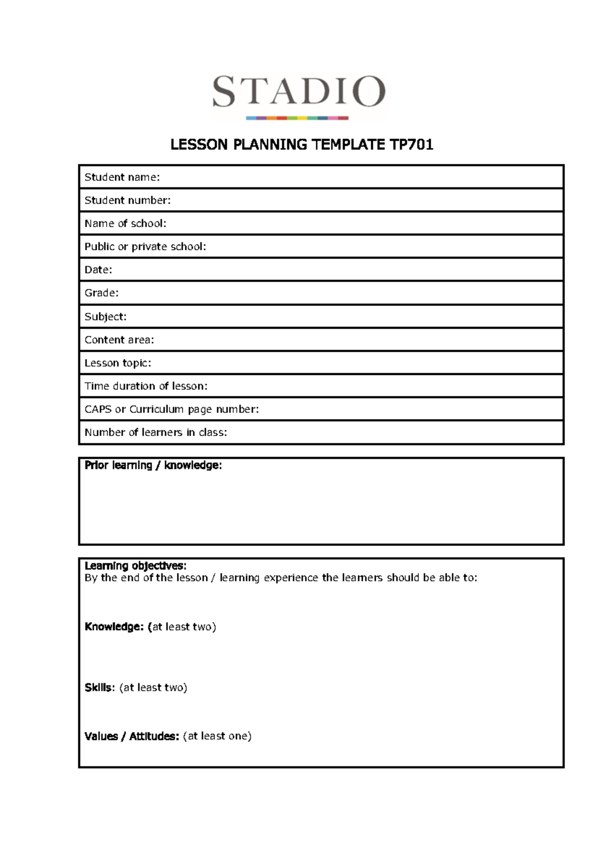 Lesson Planning Template for Education TP701 - Class Planning ...