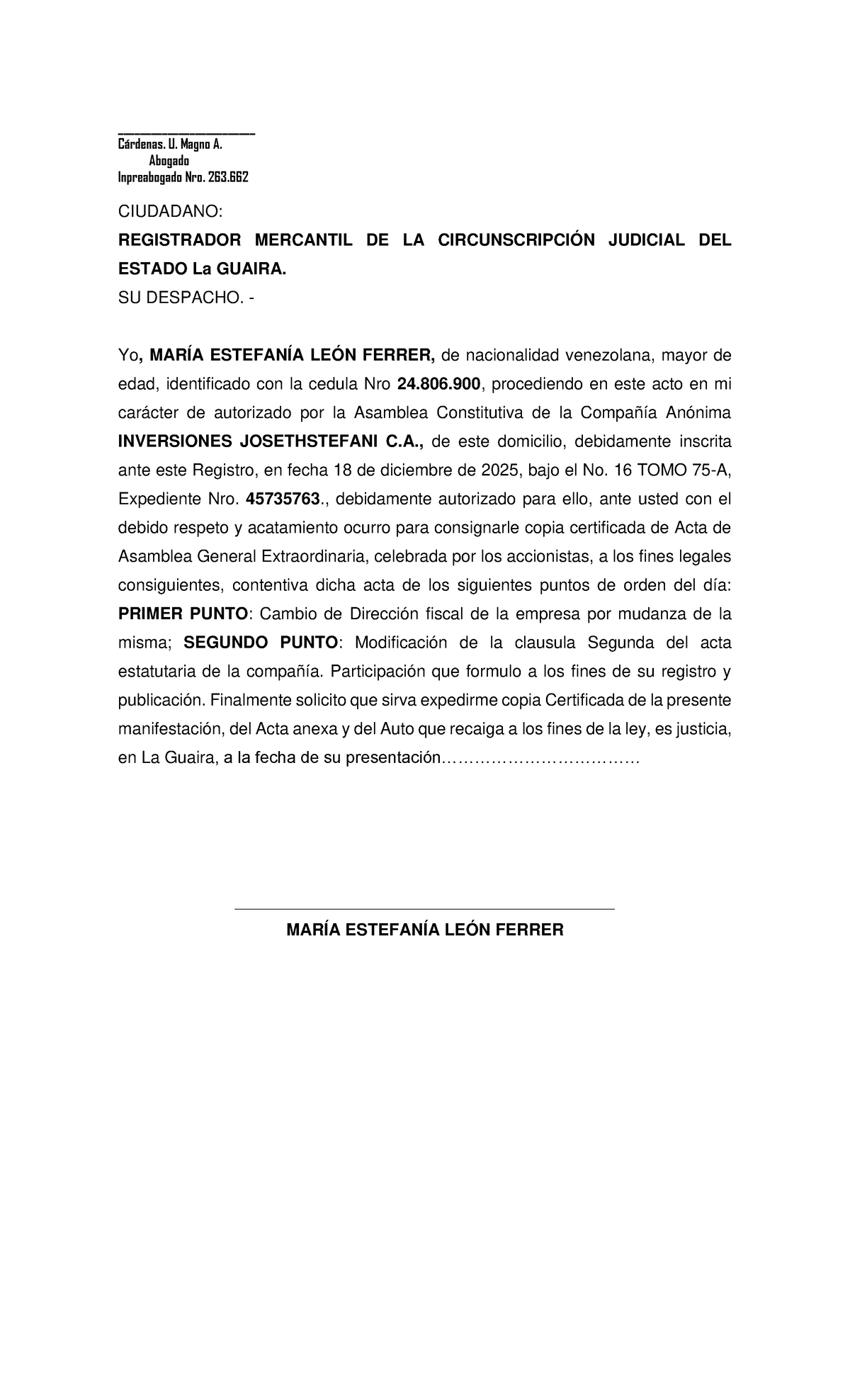 ACTA DE ASAMBLEA GENERAL EXTRAORDINARIA - INVERSIONES JOSETHSTEFANI C.A ...
