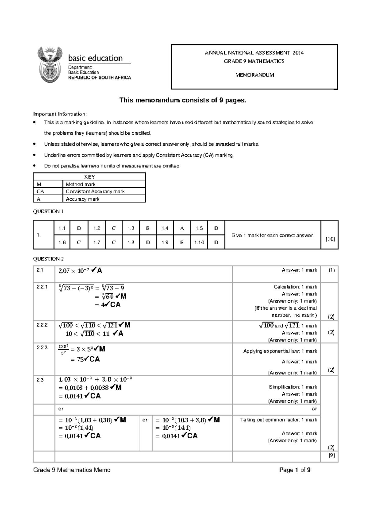 2014 ANA G9 Math English Memo - Marking Guidelines - Studocu