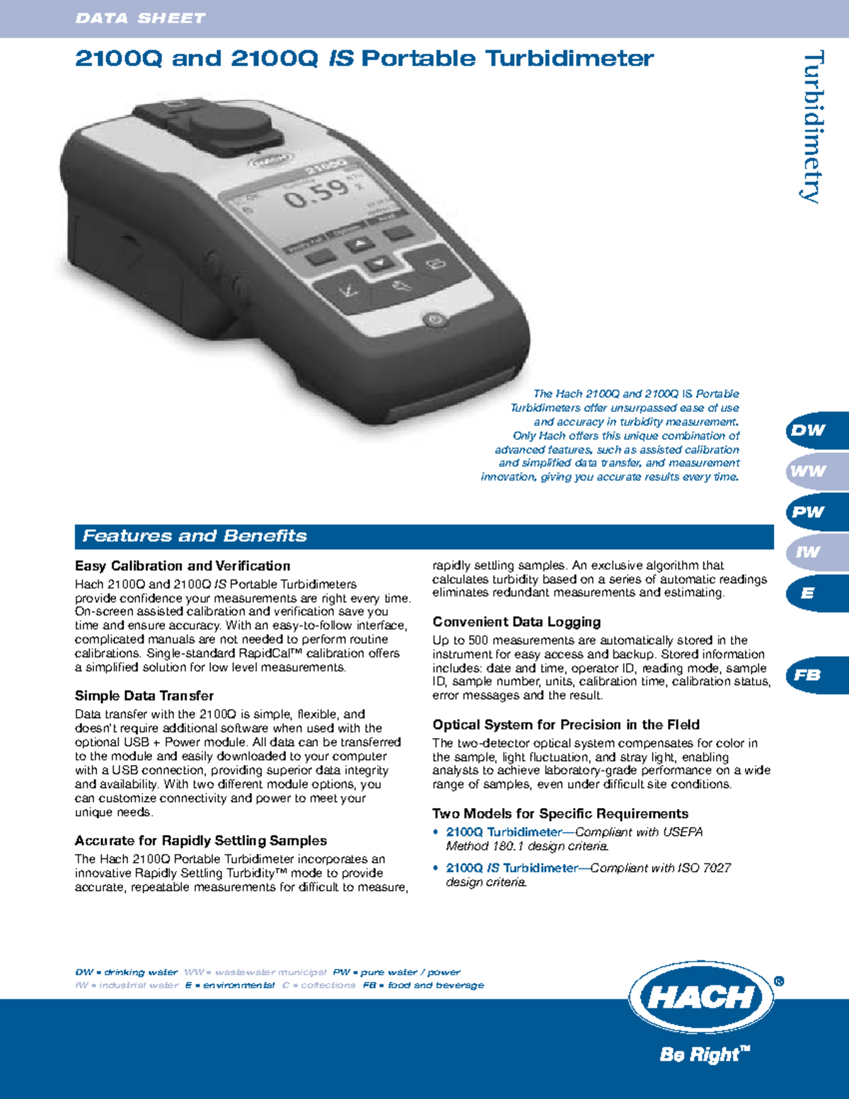 2100Q, 2100Q IS - Turbidimeter - DW = drinking water WW = wastewater ...