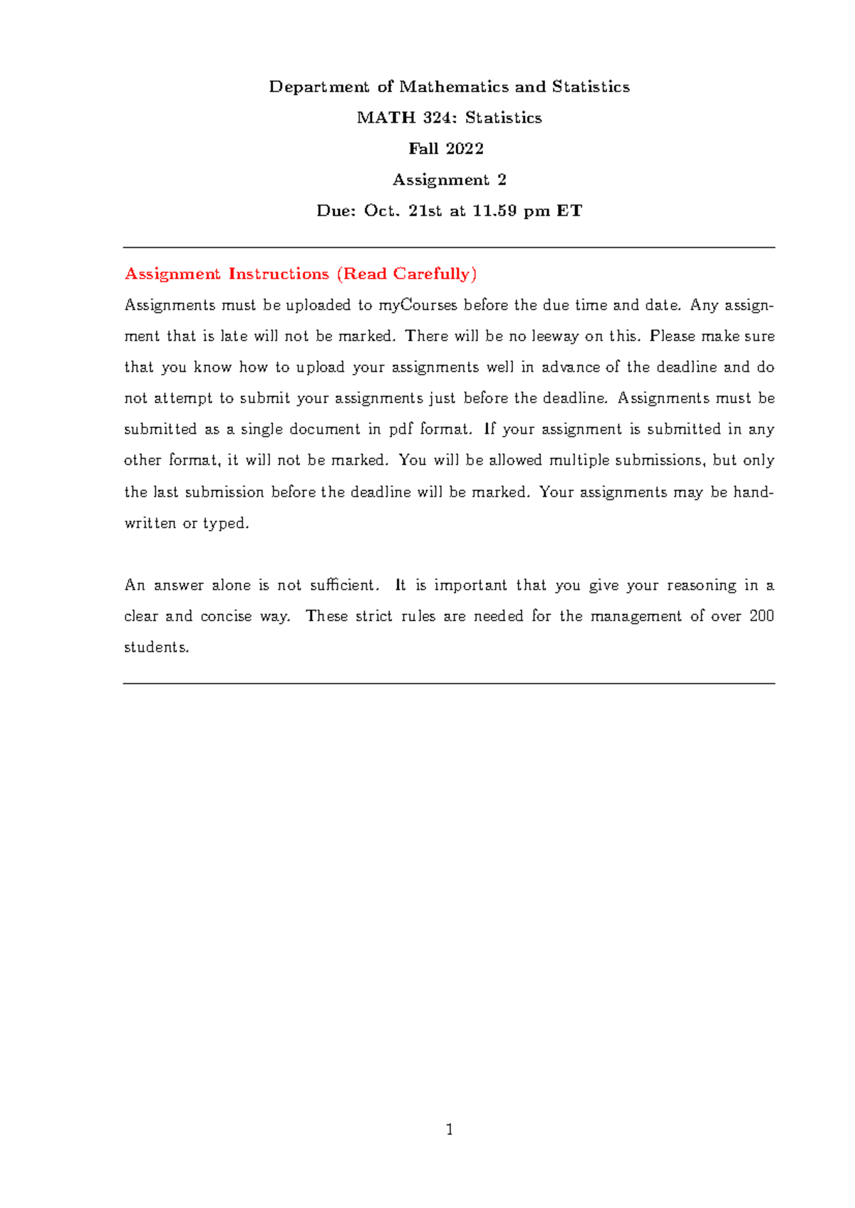 MATH324 Fall 2022: Assignment 2 Instructions and Questions - Studocu
