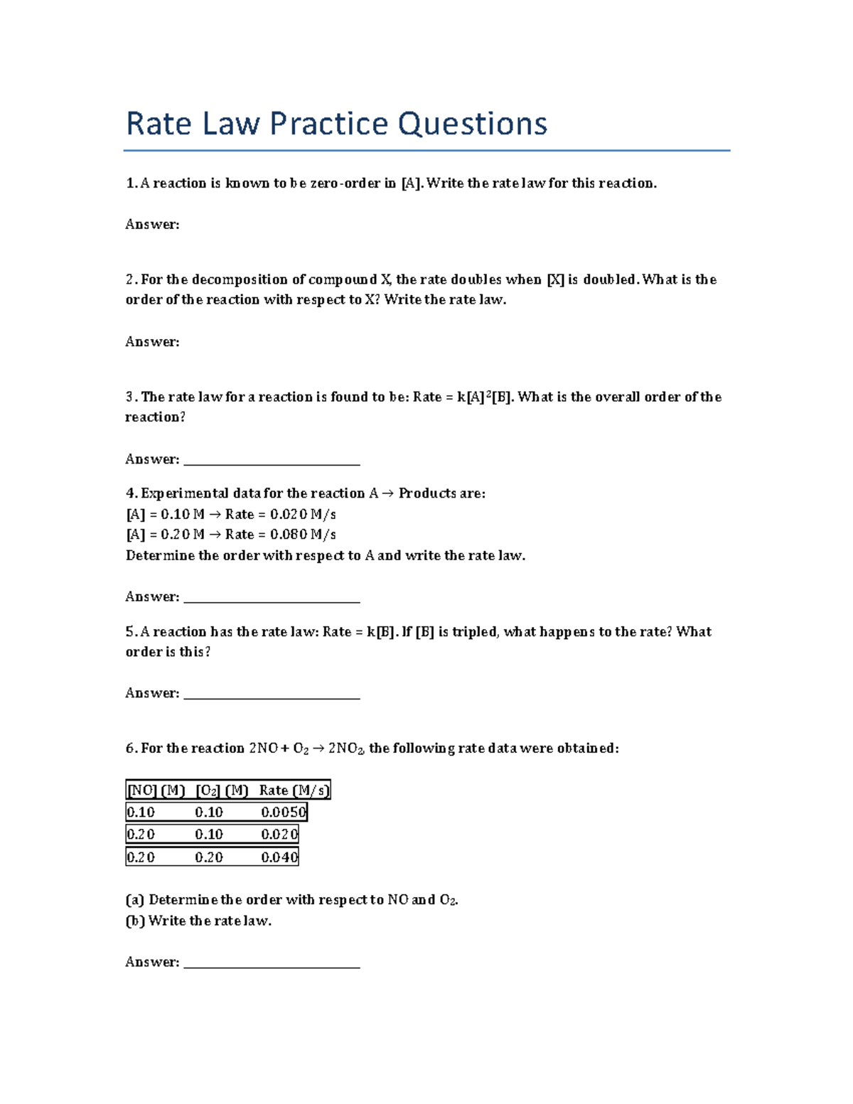 Rate Law Practice Questions {classwork} (2) - Detailed Solutions - Studocu