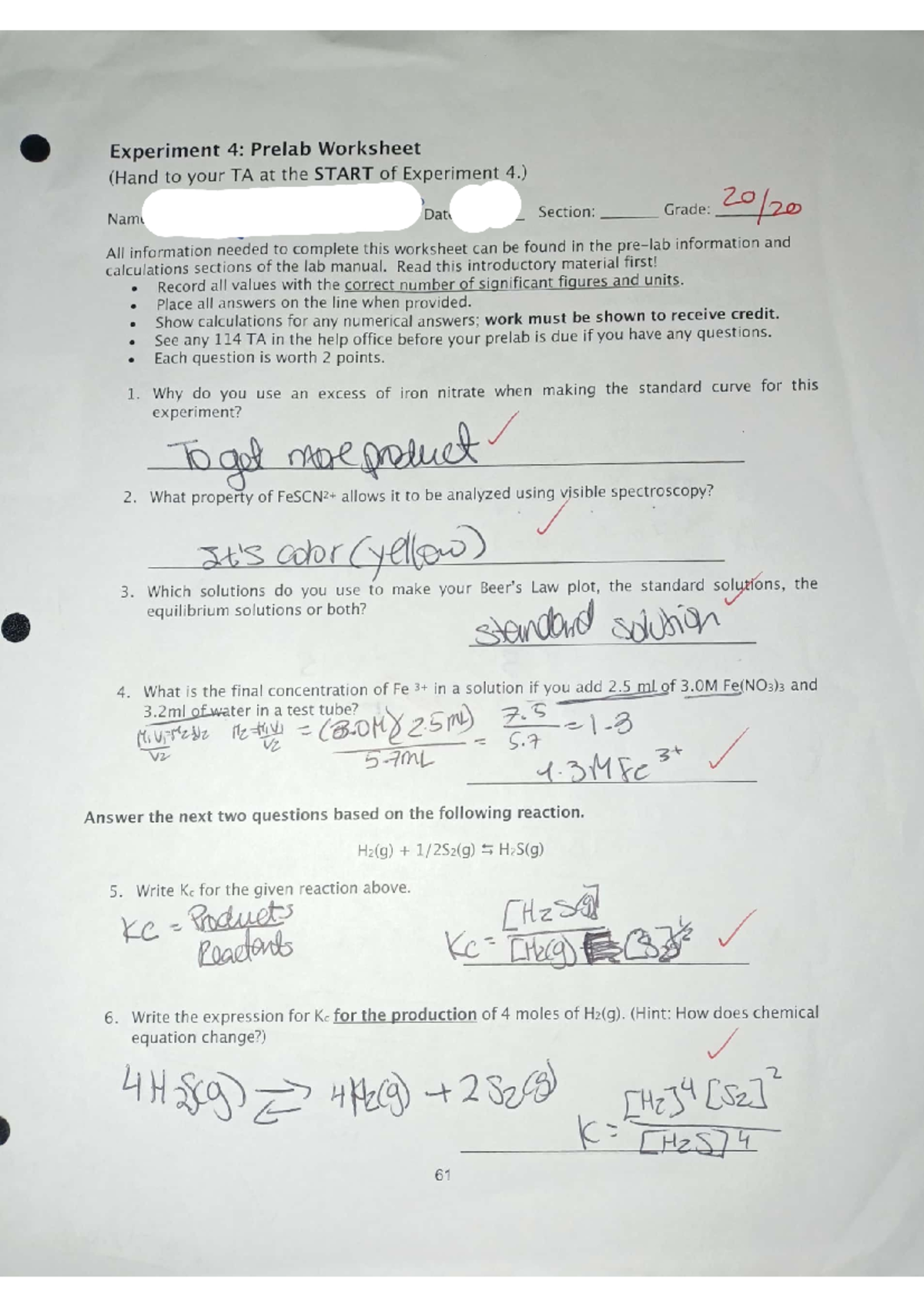 chm 114 pre-lab 4 - Experiment 4: Prelab Worksheet (Hand to your TA at ...