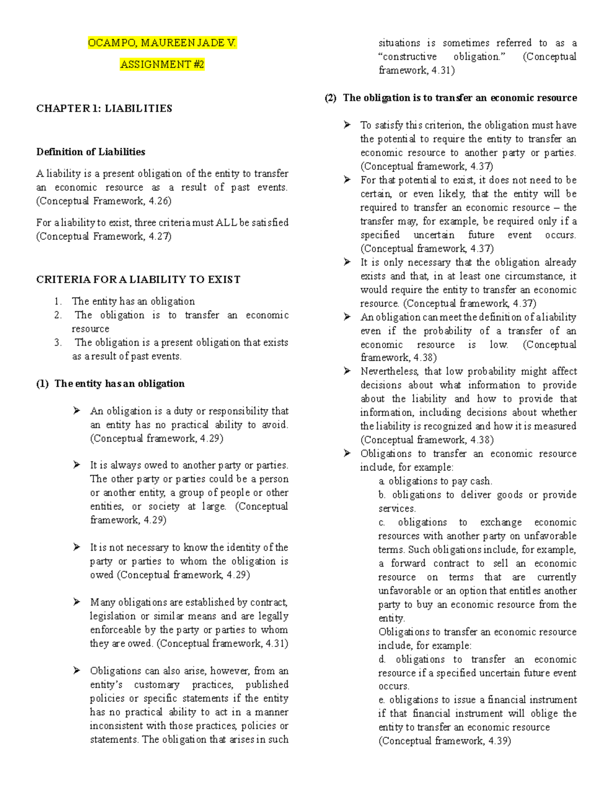 OCAMPO, MAUREEN JADE V. ASSIGNMENT CHAPTER 1: UNDERSTANDING LIABILITIES ...