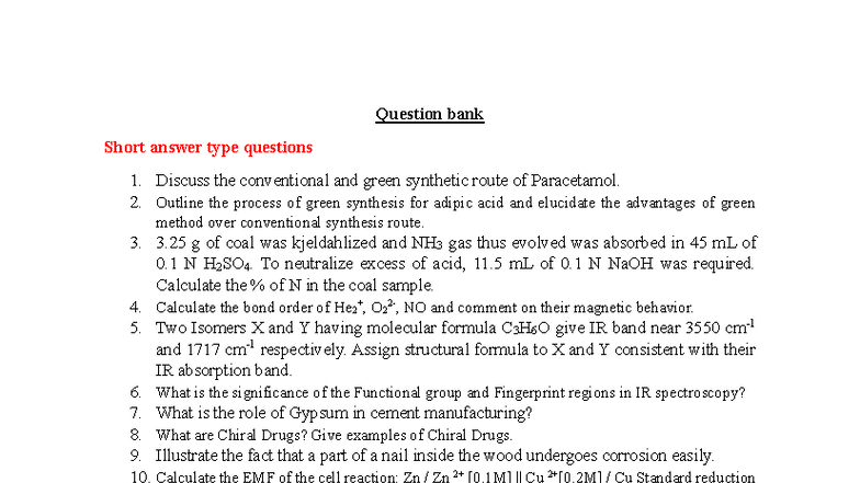 Practice Questions for Engg Chem: Short Answer & Long Answer Types - Studocu