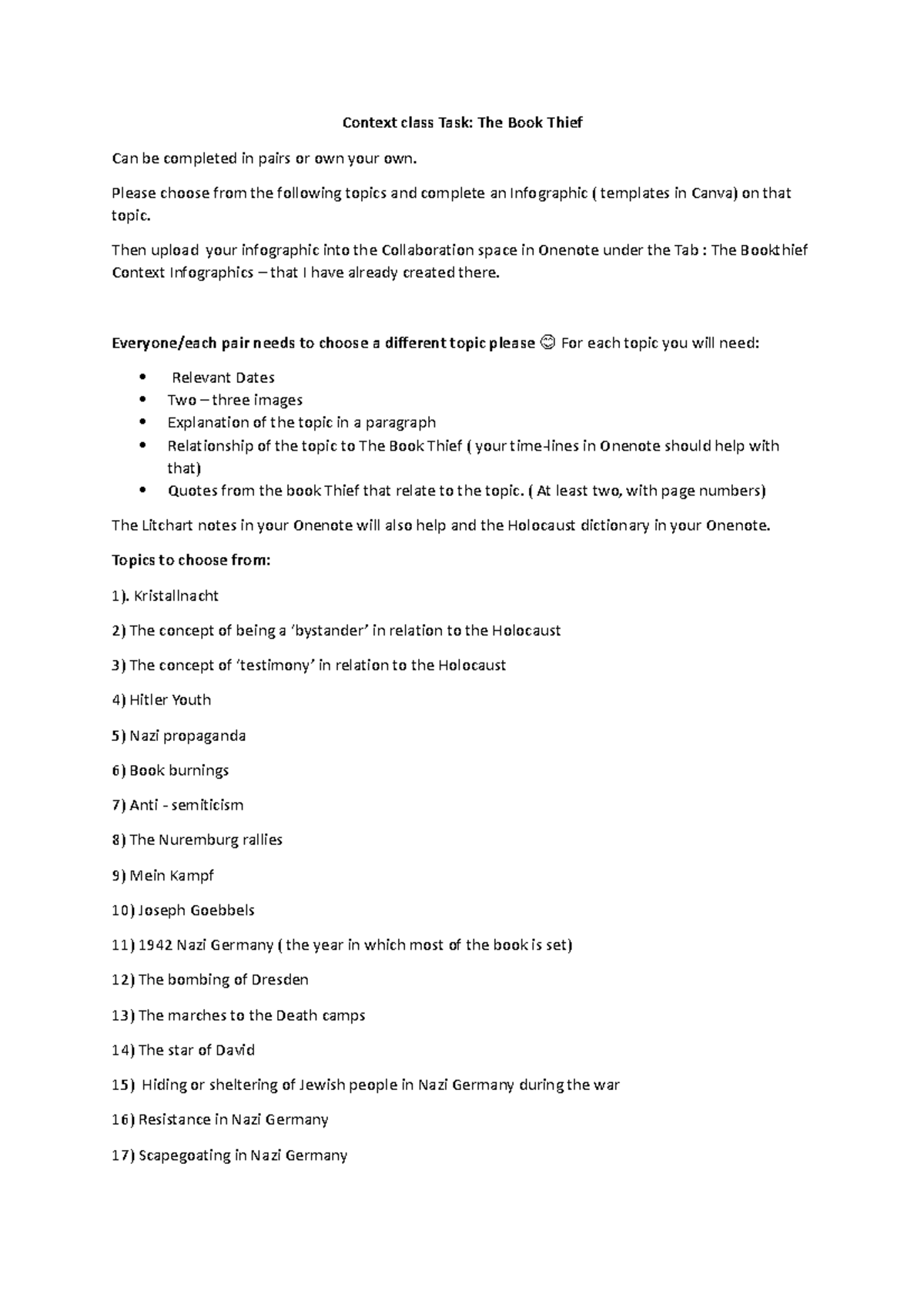 The Book Thief Context class task - Context class Task: The Book Thief ...