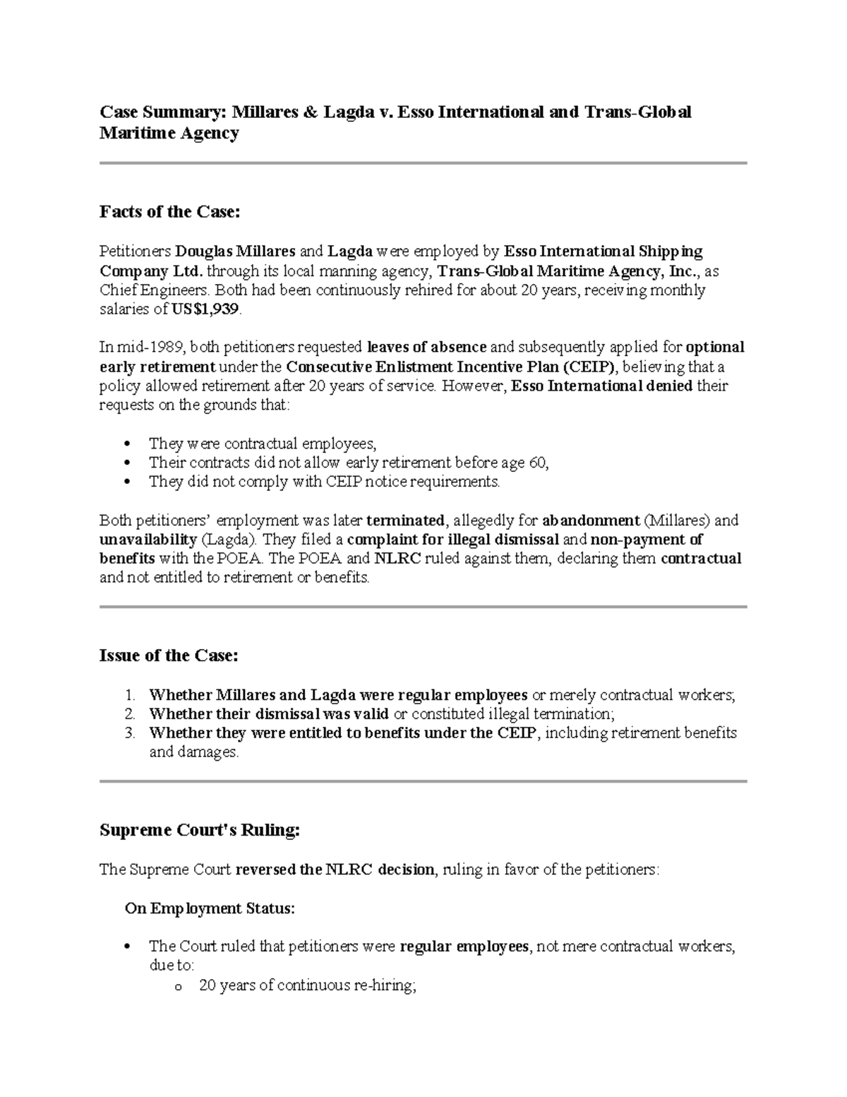Case Summary: Millares Lagda v. Esso Int'l - NLRC Ruling Analysis - Studocu
