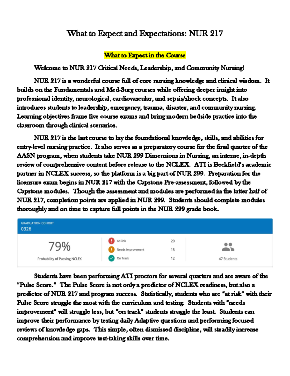 NUR 217 Course Overview: Expectations and Success Strategies - Studocu