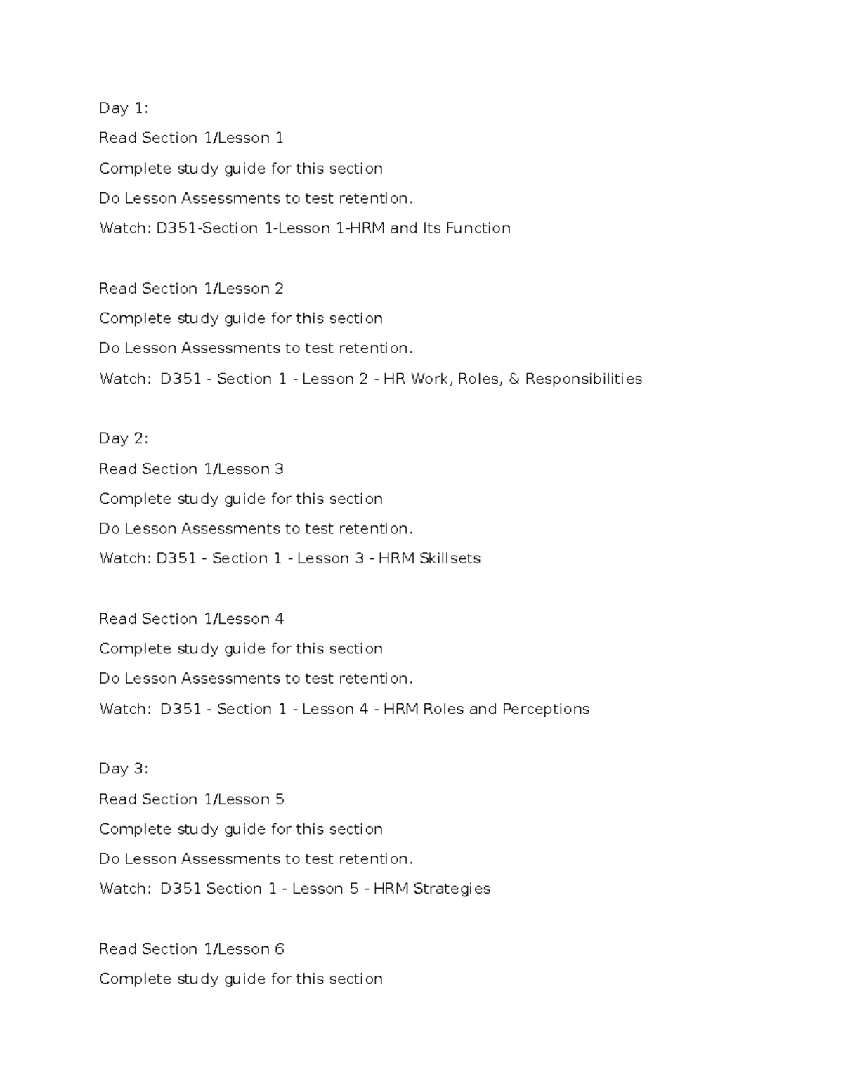 D351 Comprehensive Study Plan for HRM Lessons and Assessments - Studocu