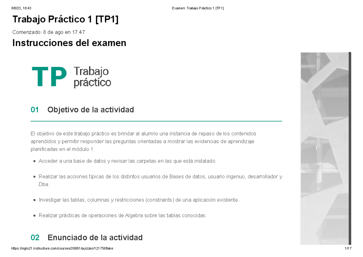 Trabajo Práctico 1 [TP1]: Instrucciones y Preguntas del Examen - Studocu