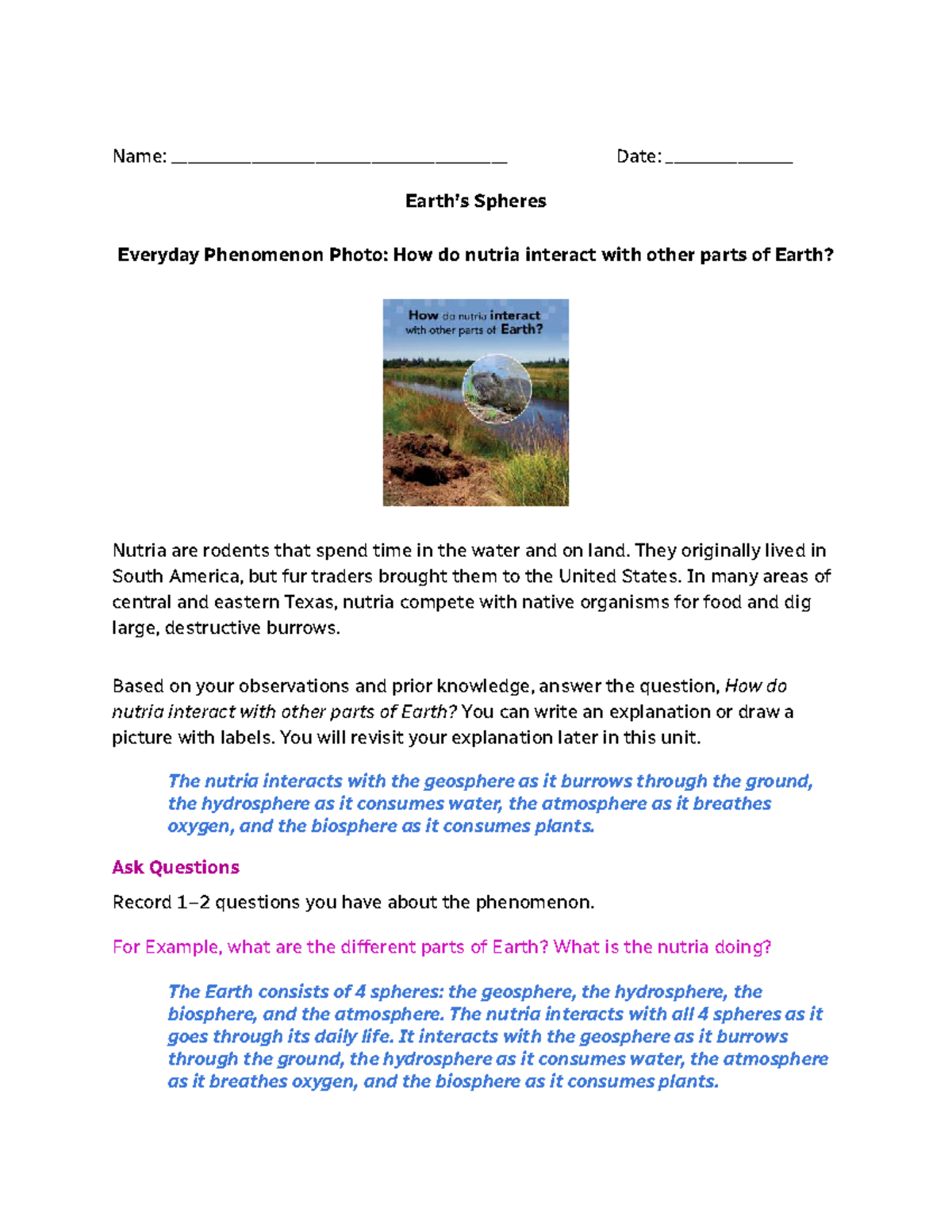 Earth's Spheres: Interactions of Nutria with Geosphere, Hydrosphere ...