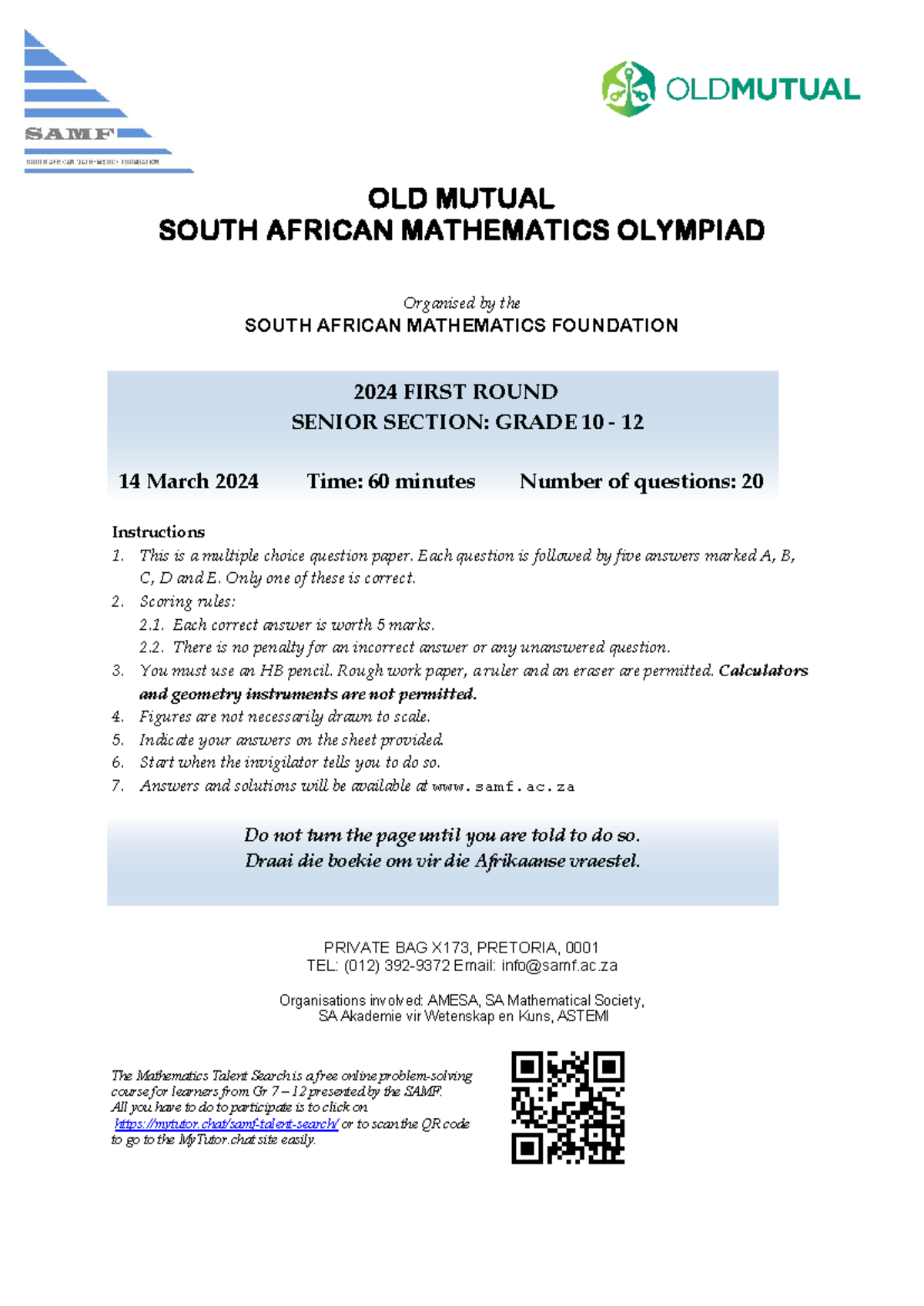 OLD MUTUAL 2024 SA MATHEMATICS OLYMPIAD PRACTICE PAPER (GR 10-12) - Studocu