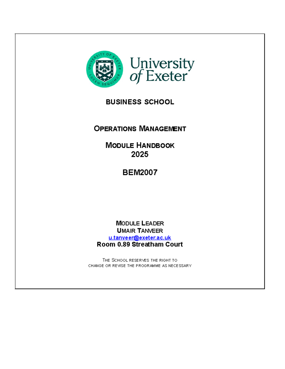 Operations Management Module Handbook 2025 - BEM2007 - Studocu