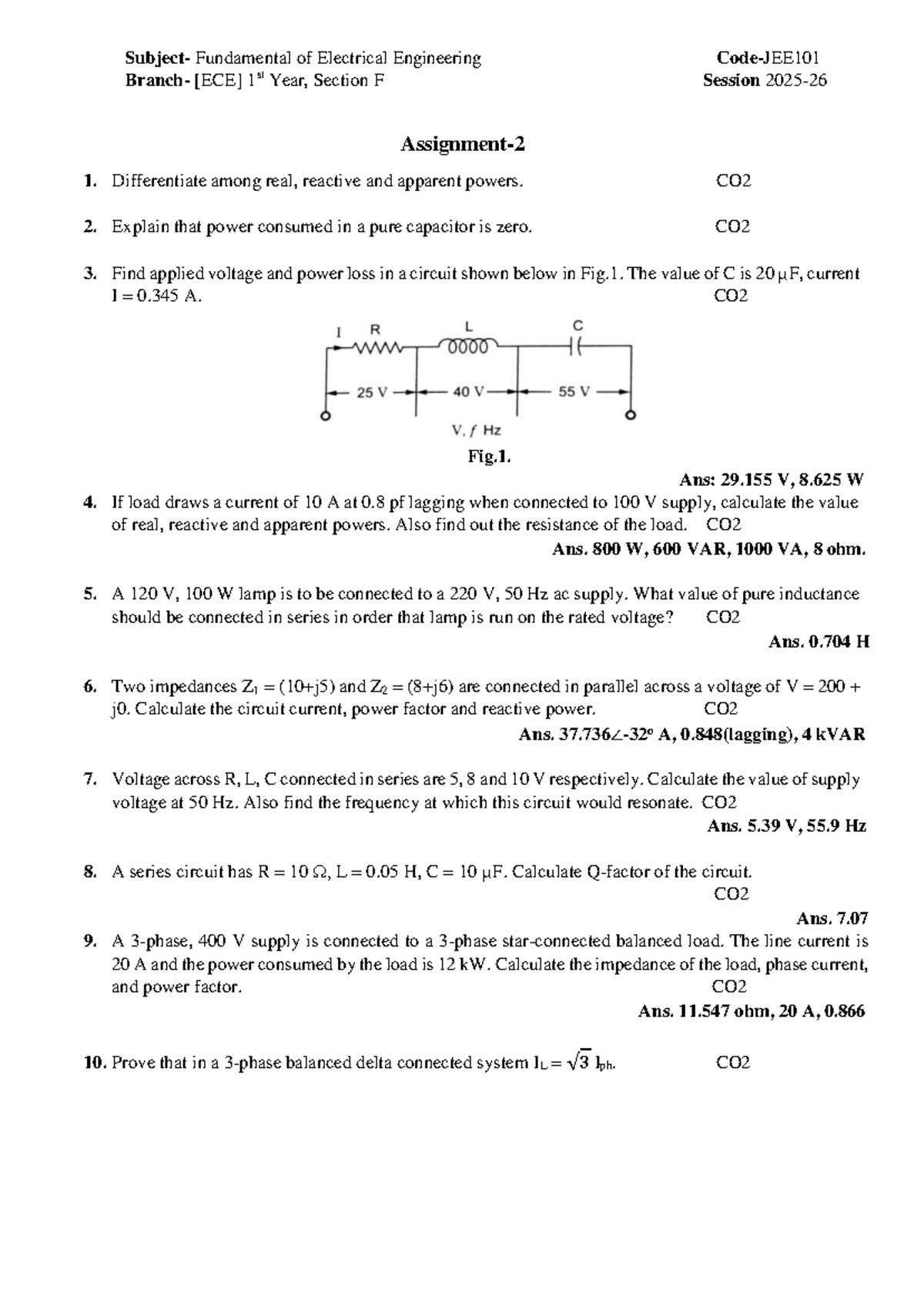 Fundamentals of Electrical Engineering - Assignment 2 (1st Year, Sec F) - Studocu