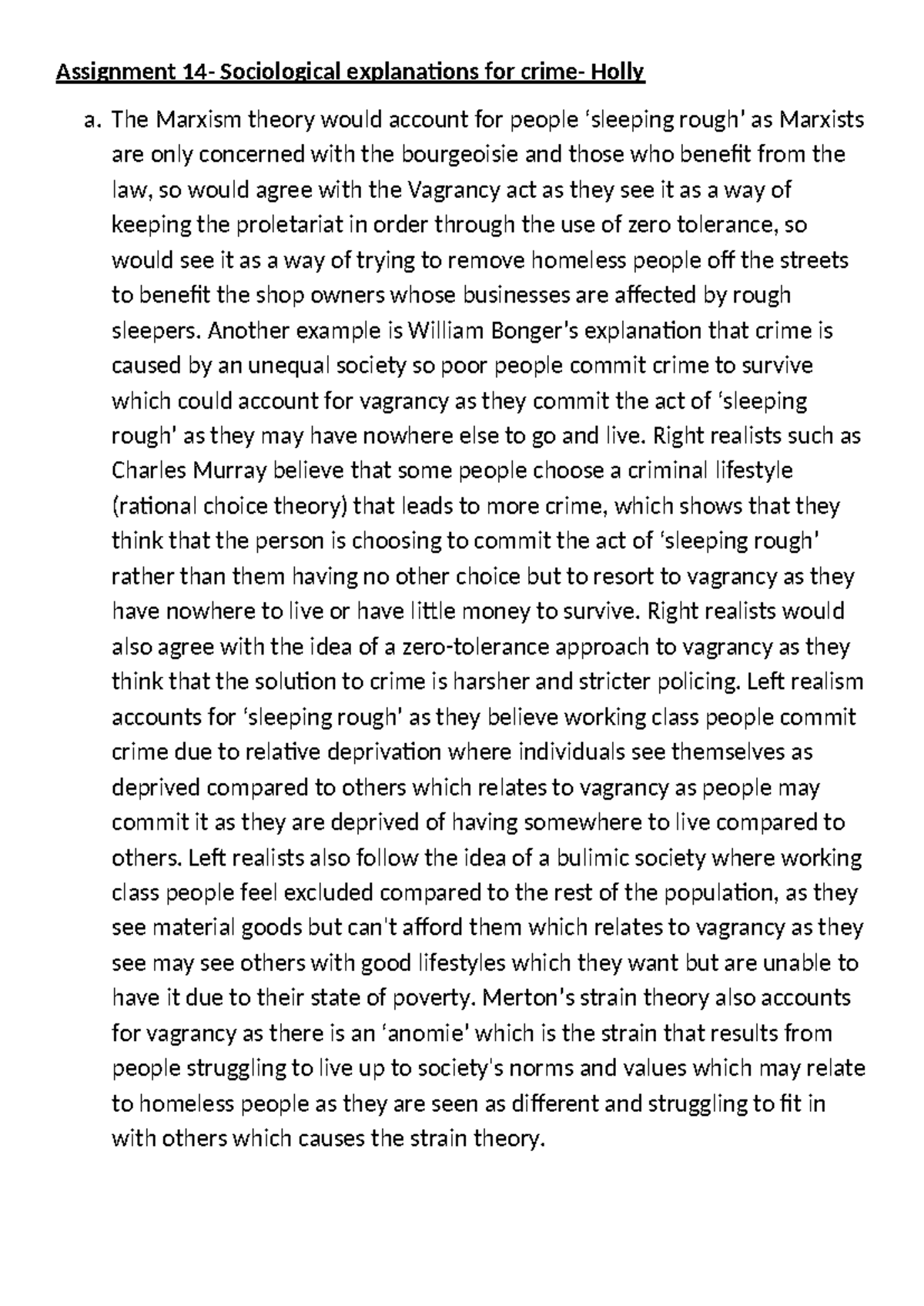 Assignment 14: Sociological Explanations for Crime and Vagrancy - Studocu