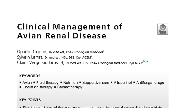 Clinical Management of Avian Renal Disease (Zoological Medicine) - Studocu