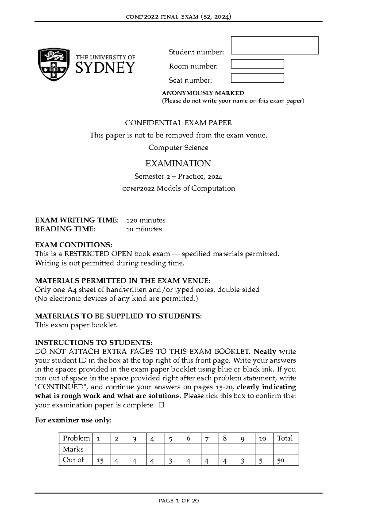 Practice Exam COMP2022 Final Exam (S2, 2024) - Studocu