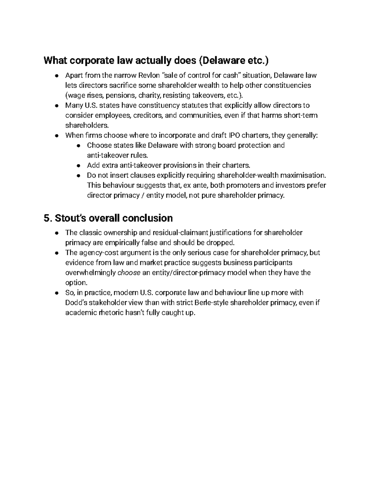 Corporate Law Insights: Delaware's Stakeholder Approach - Studocu