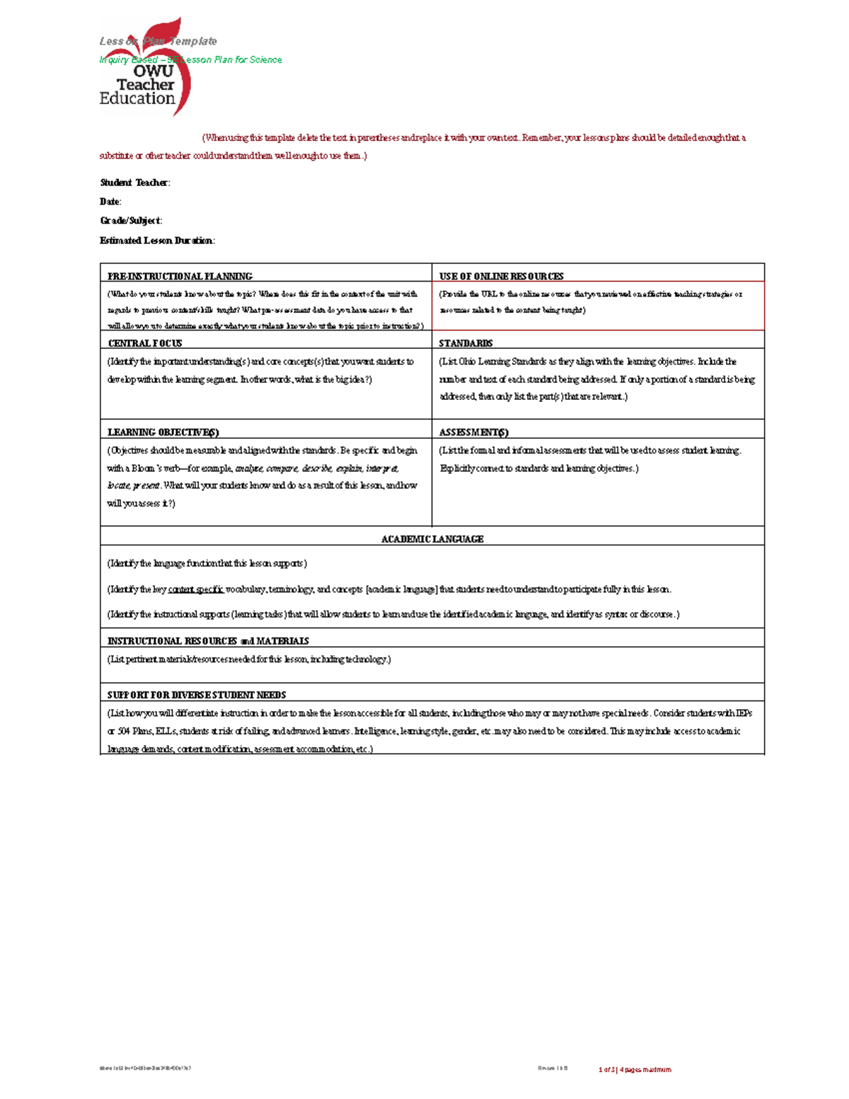 5E Inquiry-Based Science Lesson Plan Template - Studocu