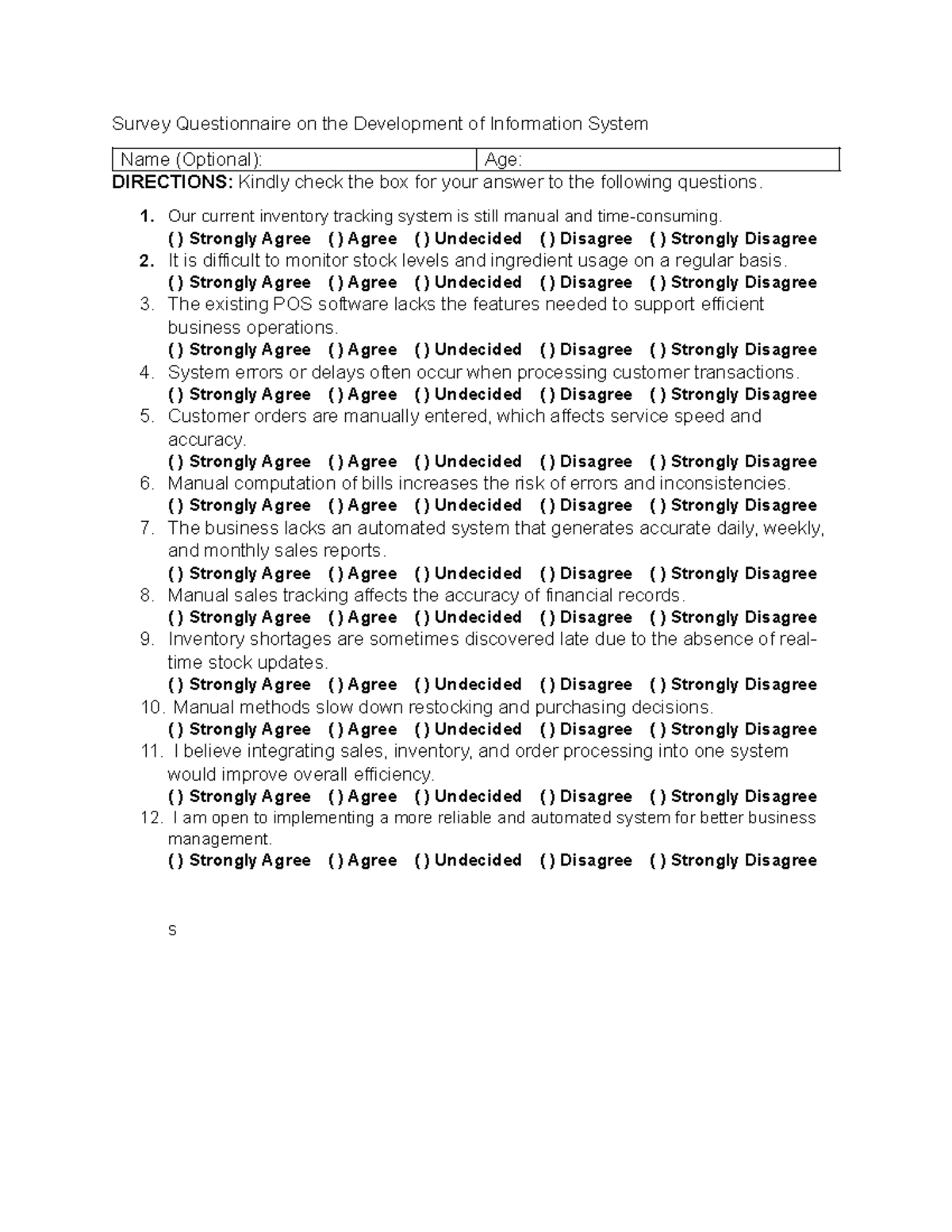 Survey Questionnaire on Information System Development for D'Flavour ...