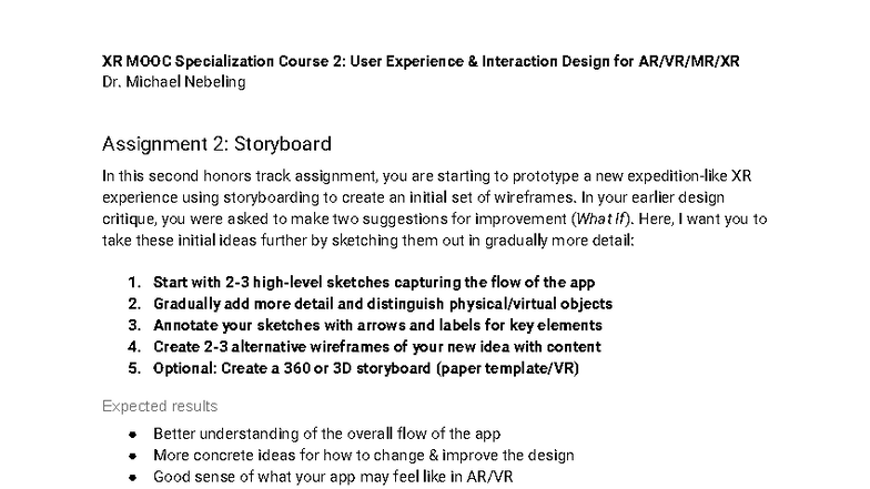 XR MOOC 2: Assignment 2 - Storyboard for User Experience Design - Studocu