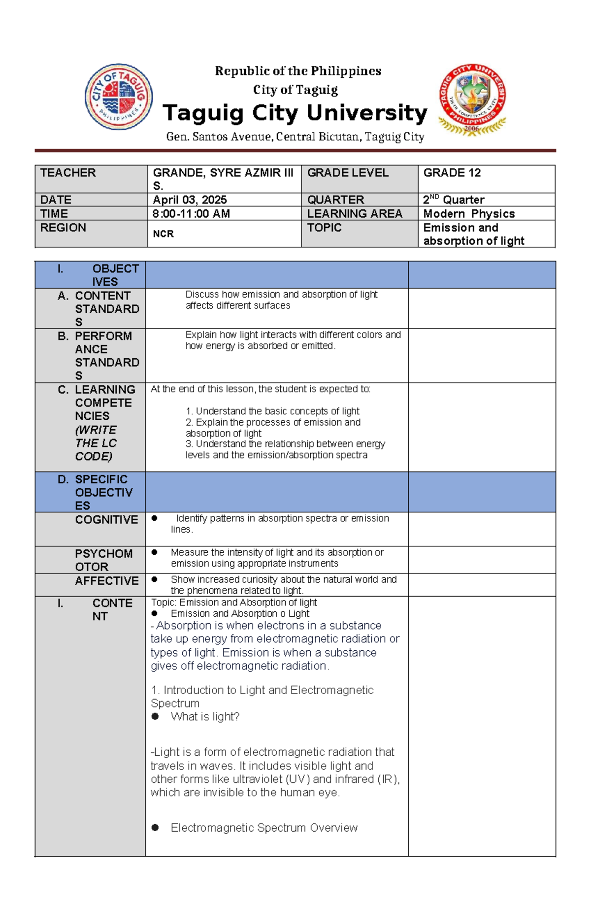 Grade 12 Physics Lesson: Emission & Absorption of Light (2nd Quarter ...